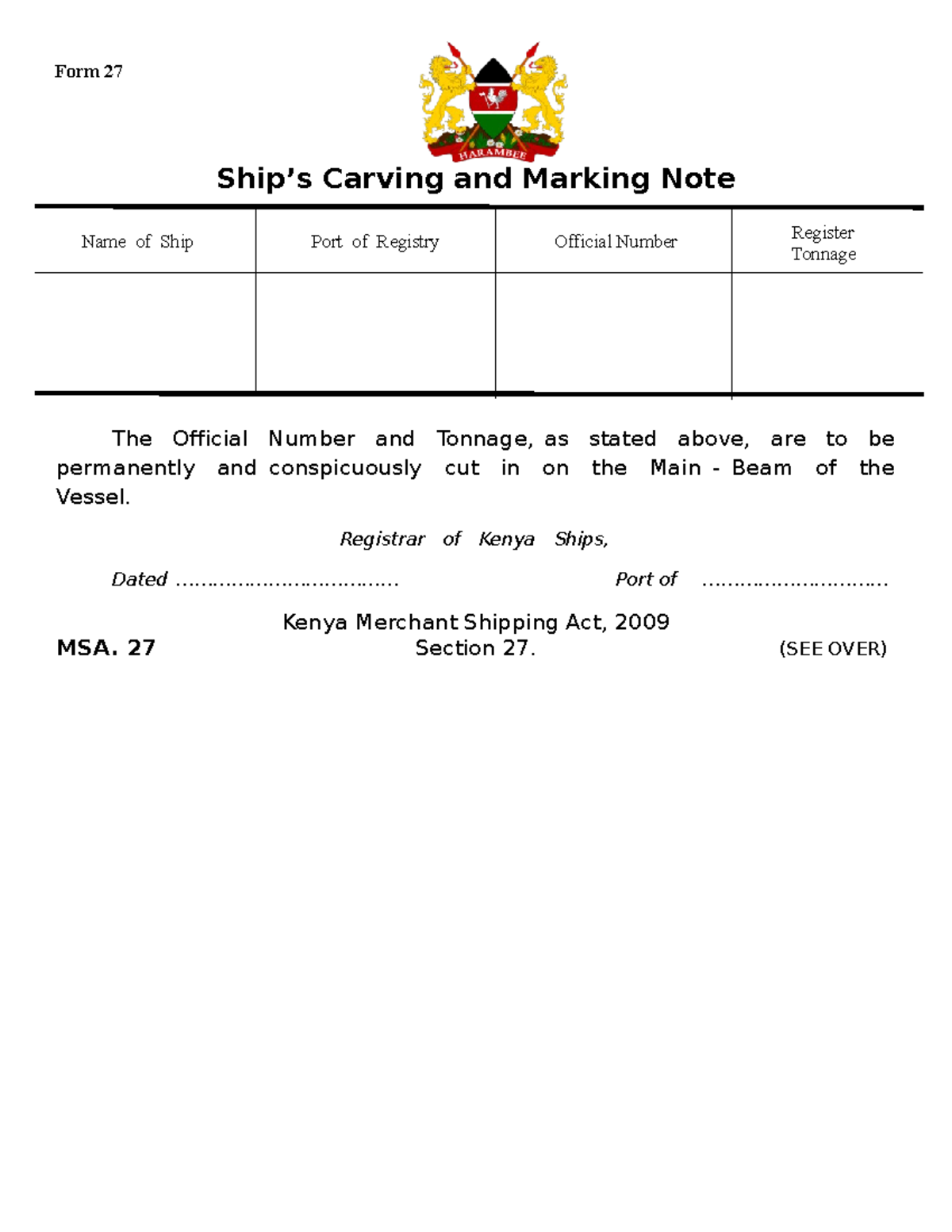 Form 27 - notes - Ship’s Carving and Marking Note The Official Number ...
