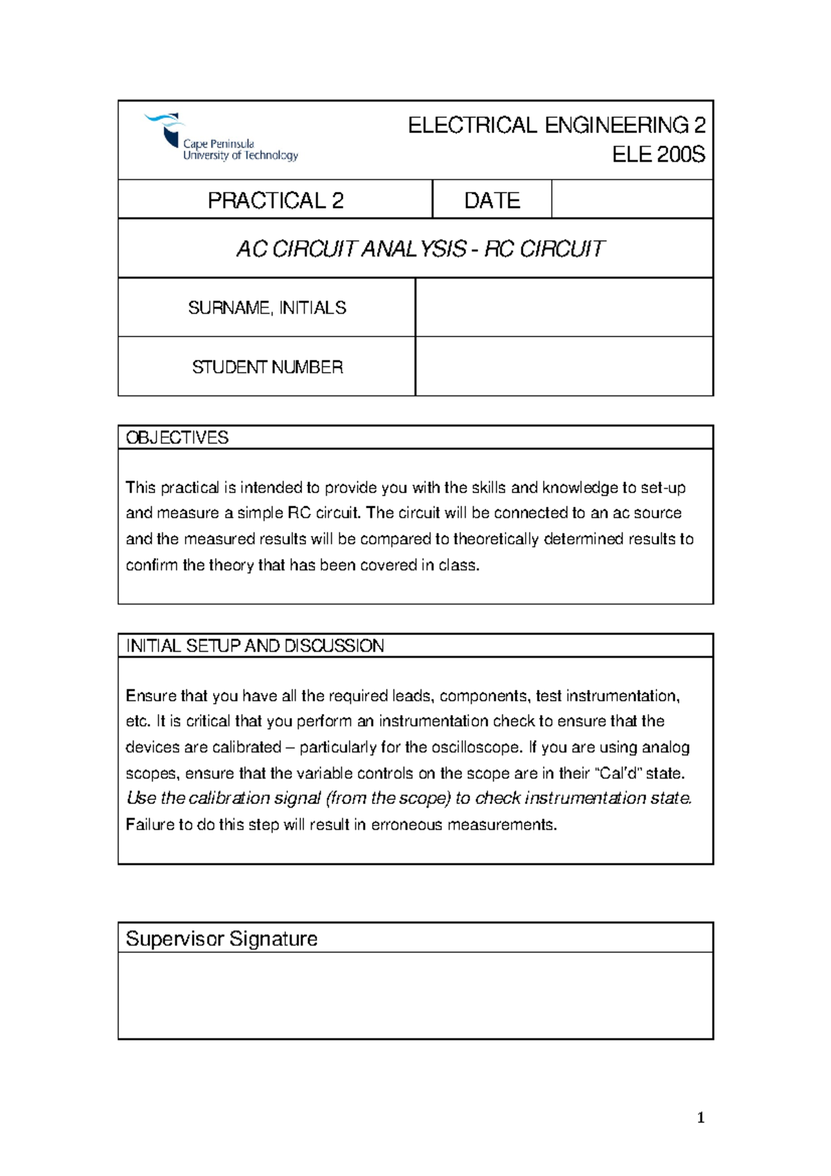 Practical 2 RC circuit - ELECTRICAL ENGINEERING 2 ELE 200S PRACTICAL 2 ...