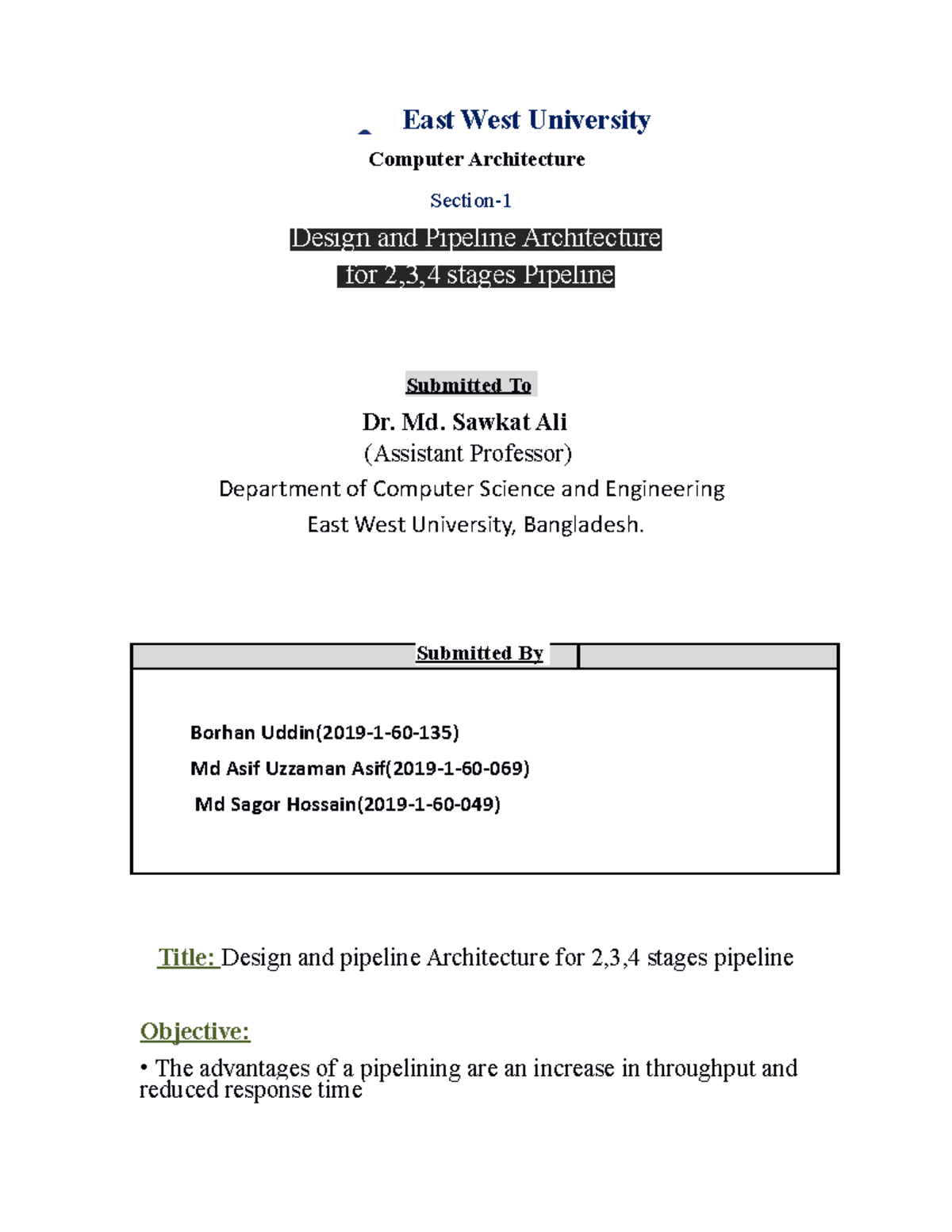 CSE360-Project Report - East West University Computer Architecture Section- Design and Pipeline ...