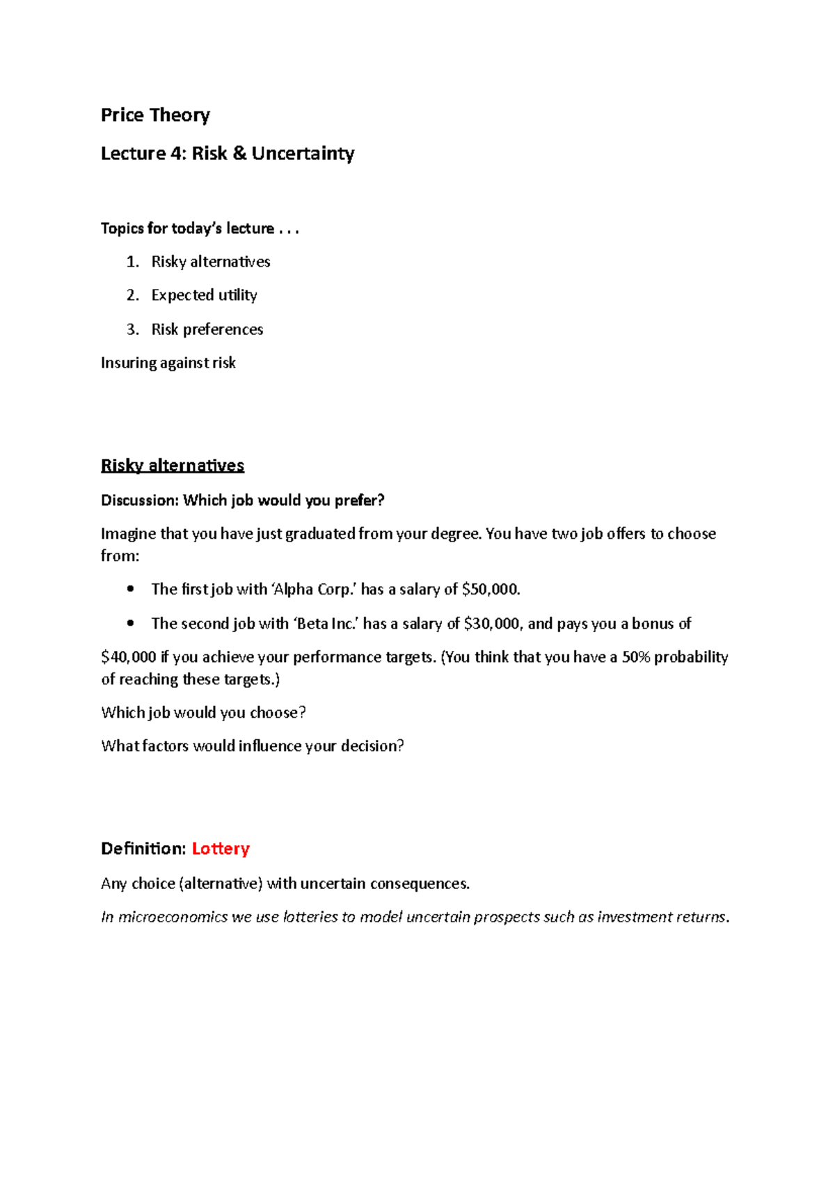 Price Theory Week 4 Notes Lec Summary - Price Theory Lecture 4: Risk ...