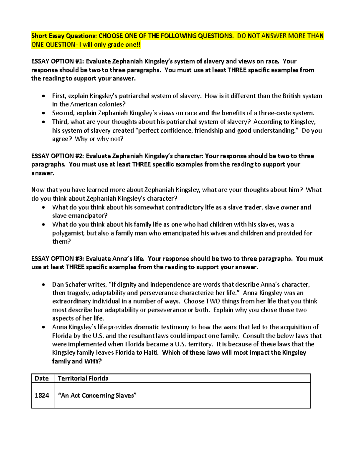 AMH 2070 Short Essay Questions F22-1 - Short Essay Questions: CHOOSE ...