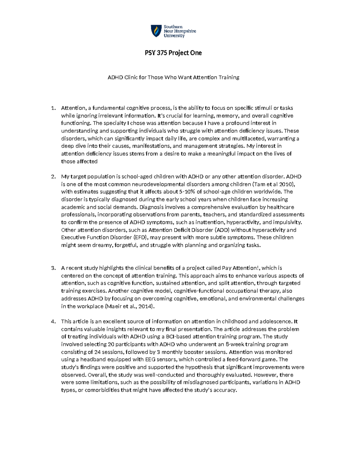 PSY 375 Project One - PSY 375 Project One ADHD Clinic for Those Who ...