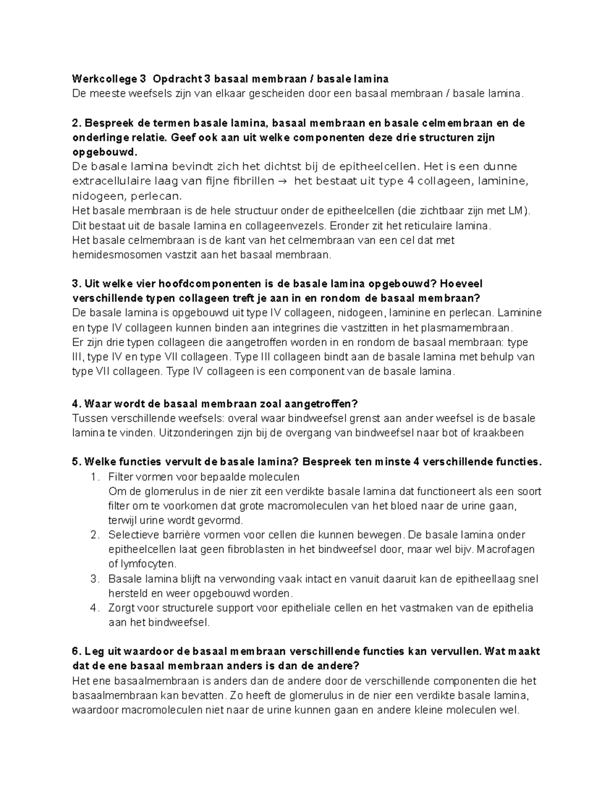 WC3 opdracht 3 samenvatting - Werkcollege 3 Opdracht 3 basaal membraan ...