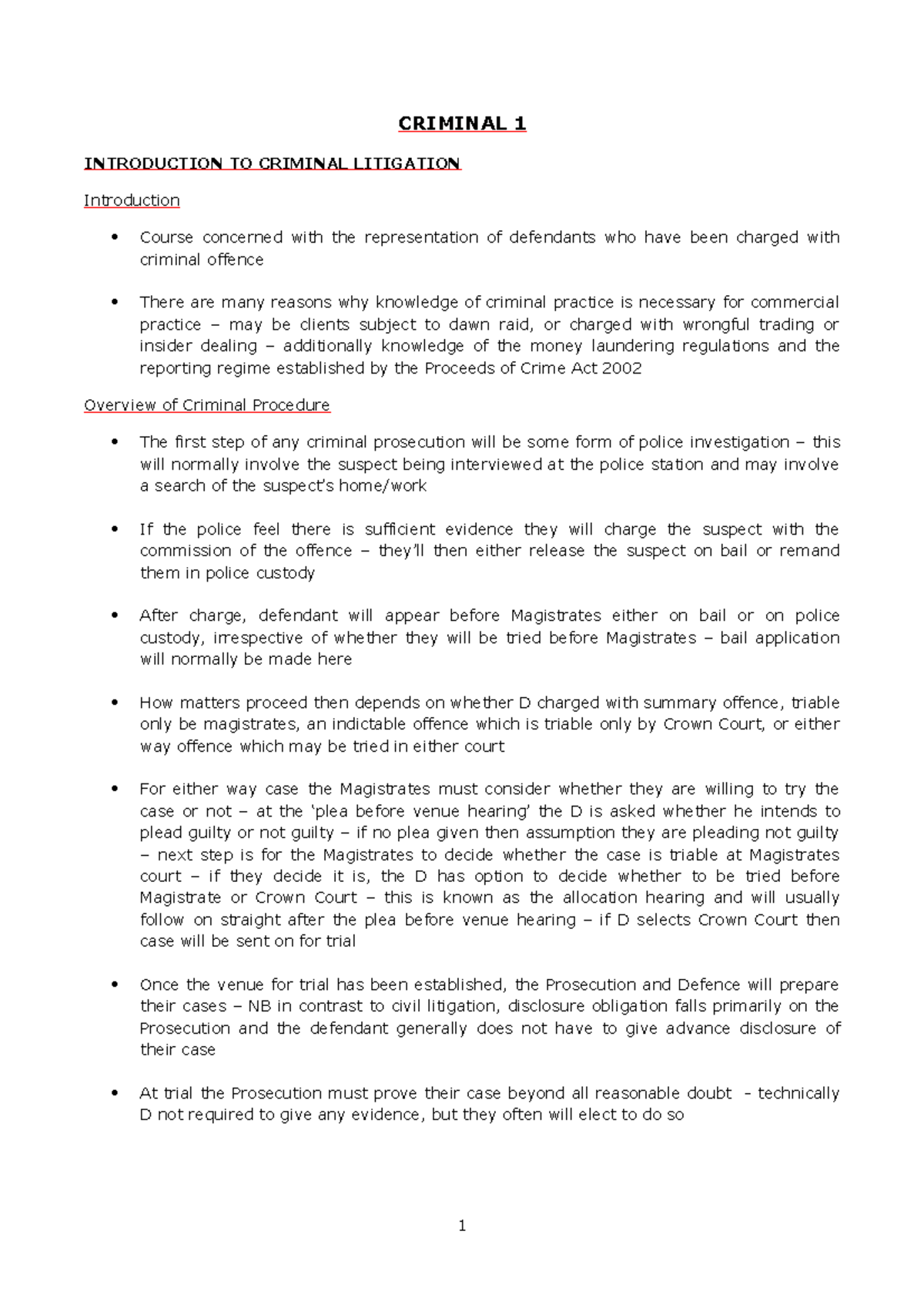 LPC - Criminal - Notes - CRIMINAL 1 INTRODUCTION TO CRIMINAL LITIGATION ...