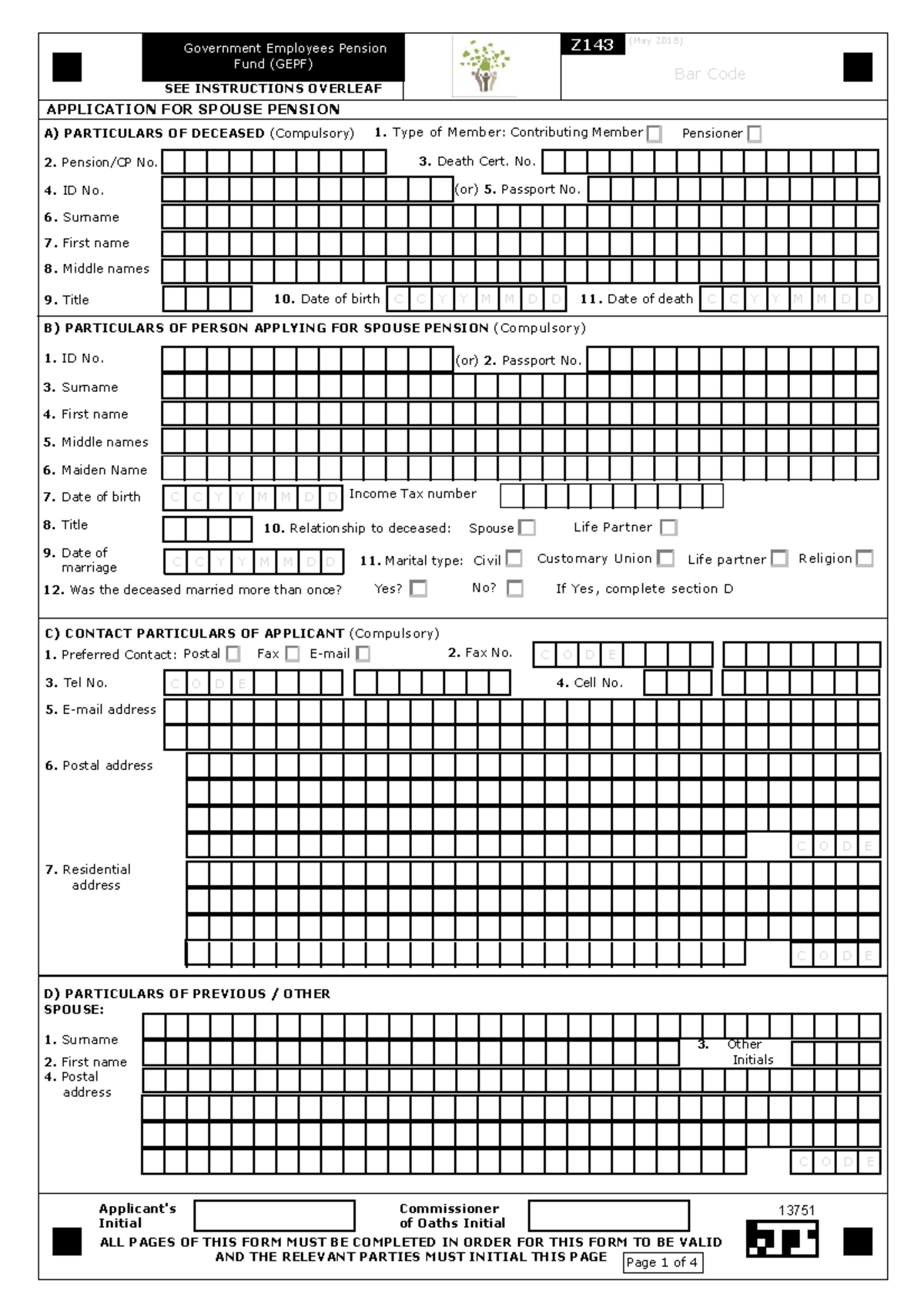 Z143 Spouse Pension Application form - Z Bar Code Government Employees ...