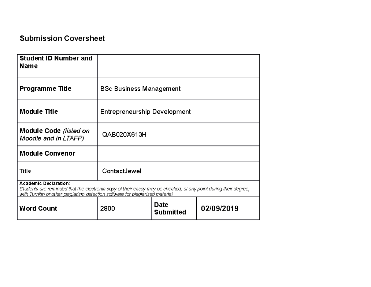 Entrepreneurial development - Submission Coversheet Student ID Number and Name Programme Title ...