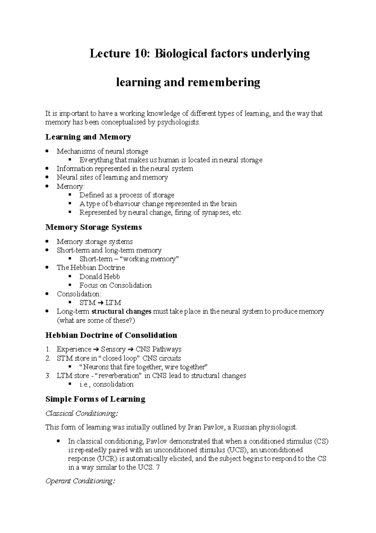 Lecture 10 Biological factors underlying learning and remembering ...