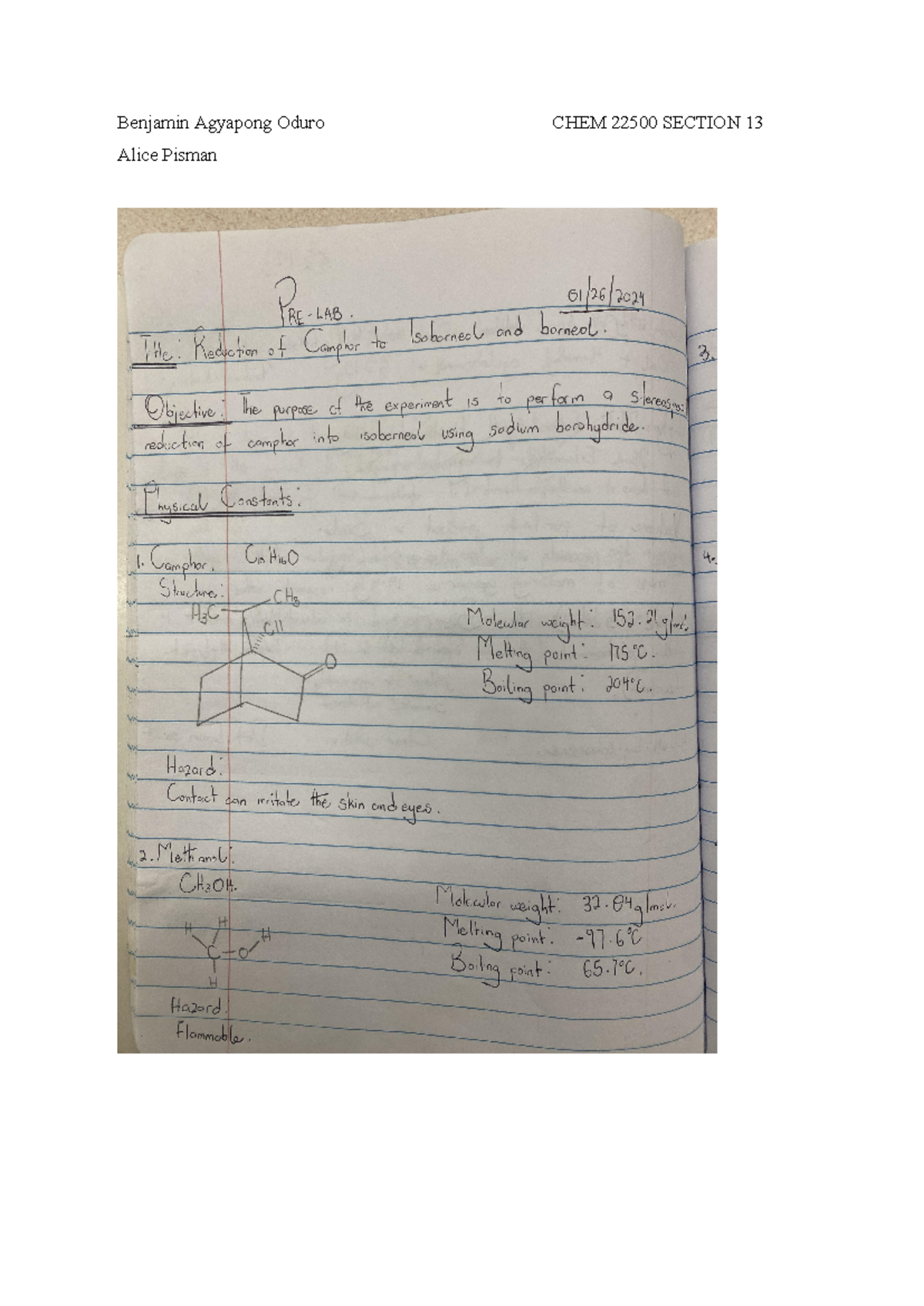 Experiment 1 - Lab 1 - Benjamin Agyapong Oduro CHEM 22500 SECTION 13 ...