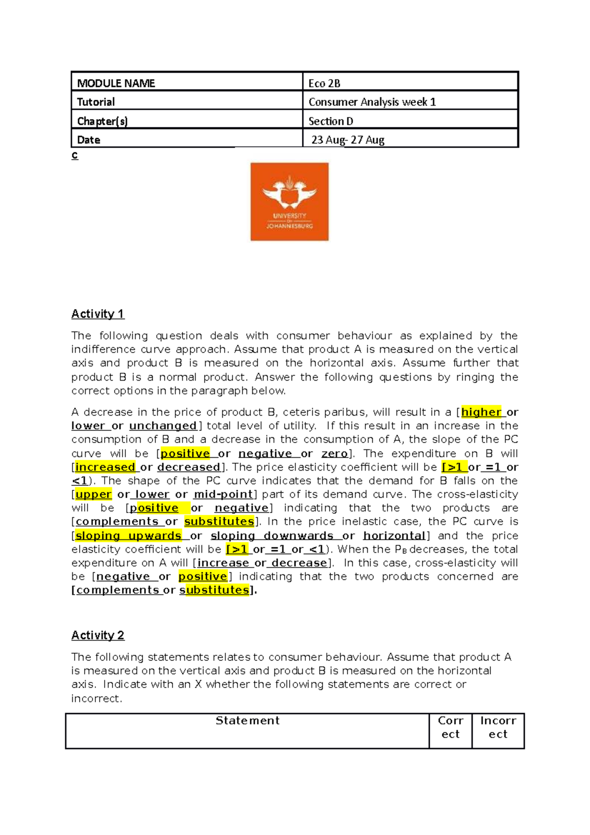Consumer Analysis 1 students-1 - MODULE NAME Eco 2B Tutorial Consumer ...