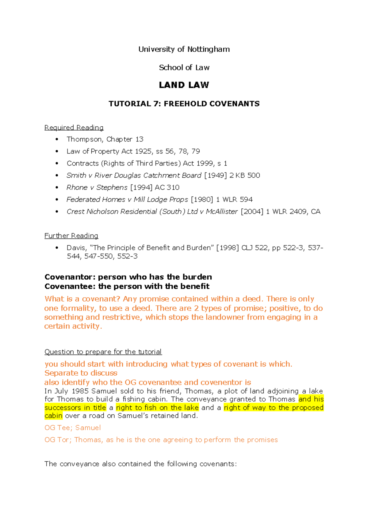 Covenants Tutorial notes - University of Nottingham School of Law LAND ...