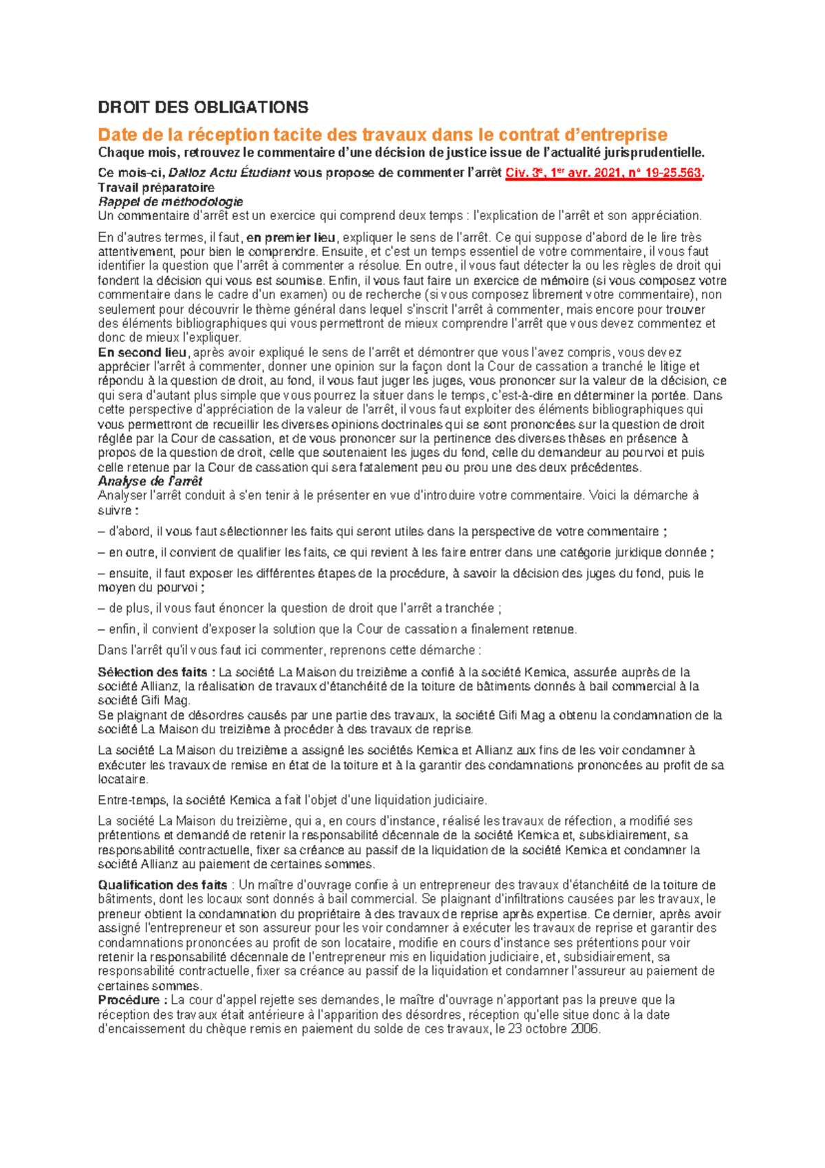 Date de la réception tacite des travaux dans le contrat d’entreprise ...