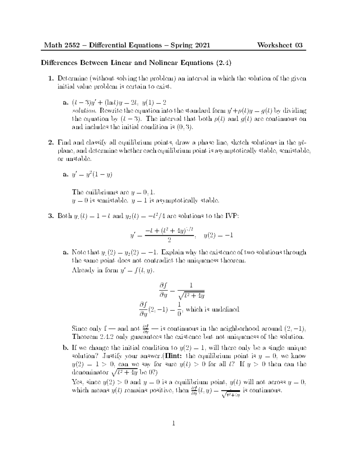 W03 Sol - Solutions to Recitation Worksheet 3 - Math 2552 – Differential Equations – Spring 2021 ...