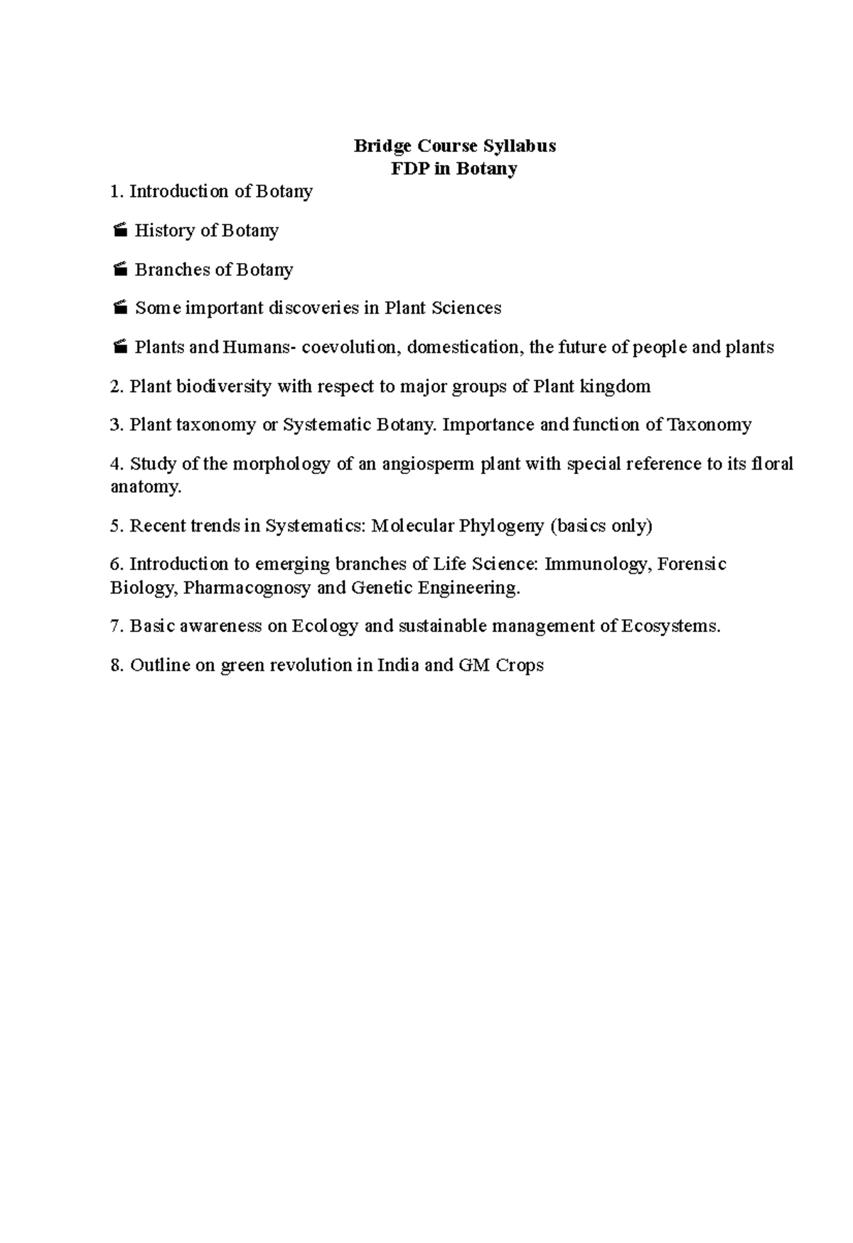 Bridge Course Syllabus 2023 Bridge Course Syllabus FDP In Botany