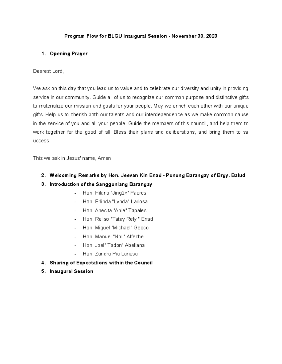 Program for Inaugural Session - Program Flow for BLGU Inaugural Session ...