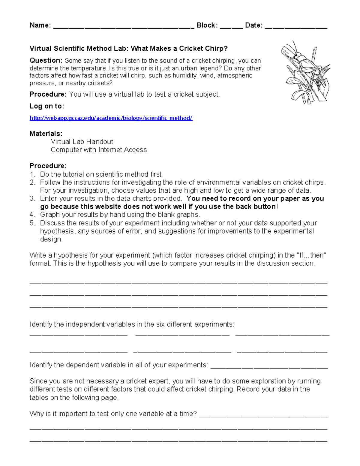 Virtual Scientific Method Crickets Tell Temp Lab - Name