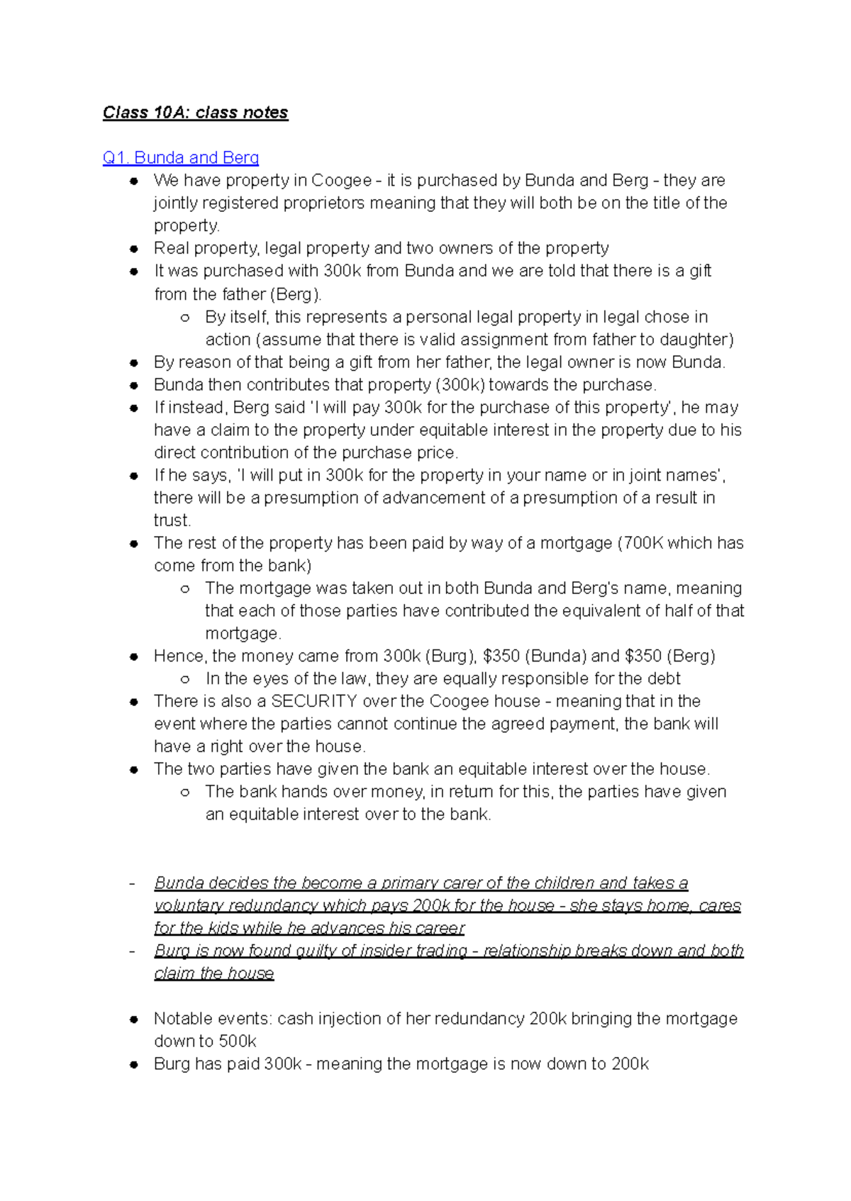 Equity class 10A - Class 10A: class notes Q1. Bunda and Berg We have ...