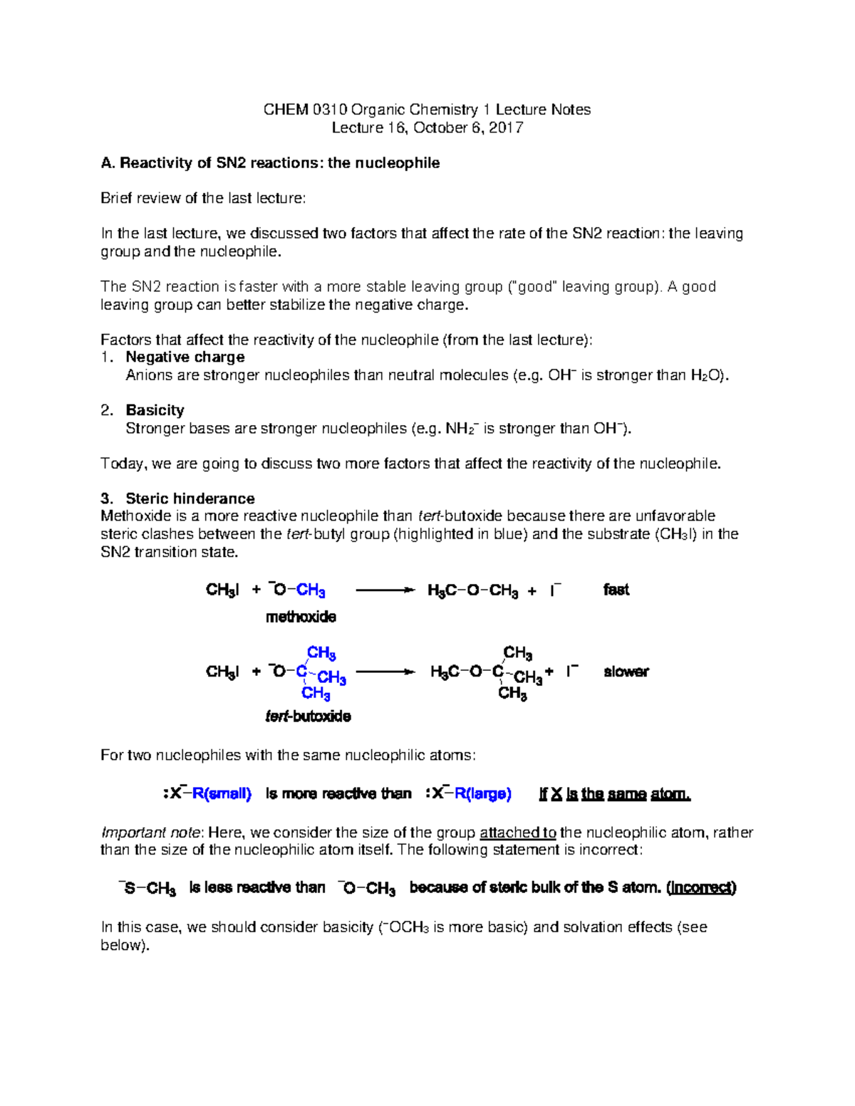 Lec16 Notes Lecture Notes 16 Chem 0310 Organic Chemistry 1 Lecture Notes Lecture 16 October