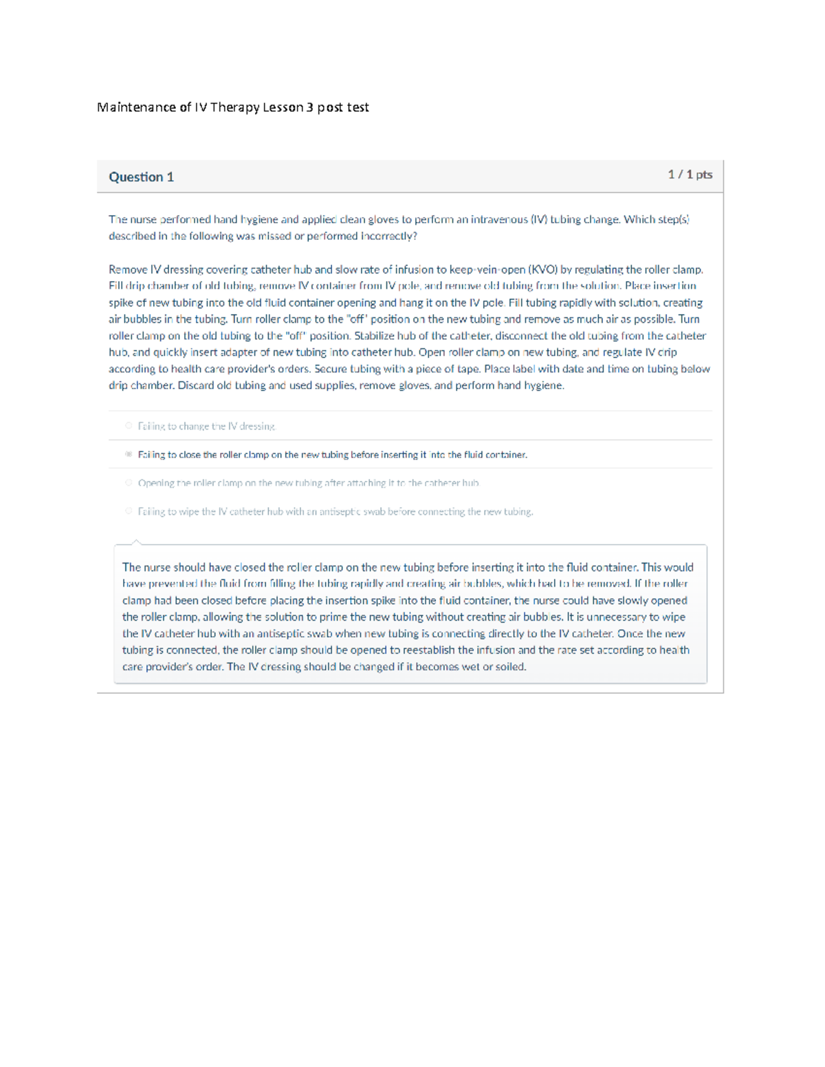 Maintenance of IV Therapy Lesson 3 post test - BSN 266 - Studocu
