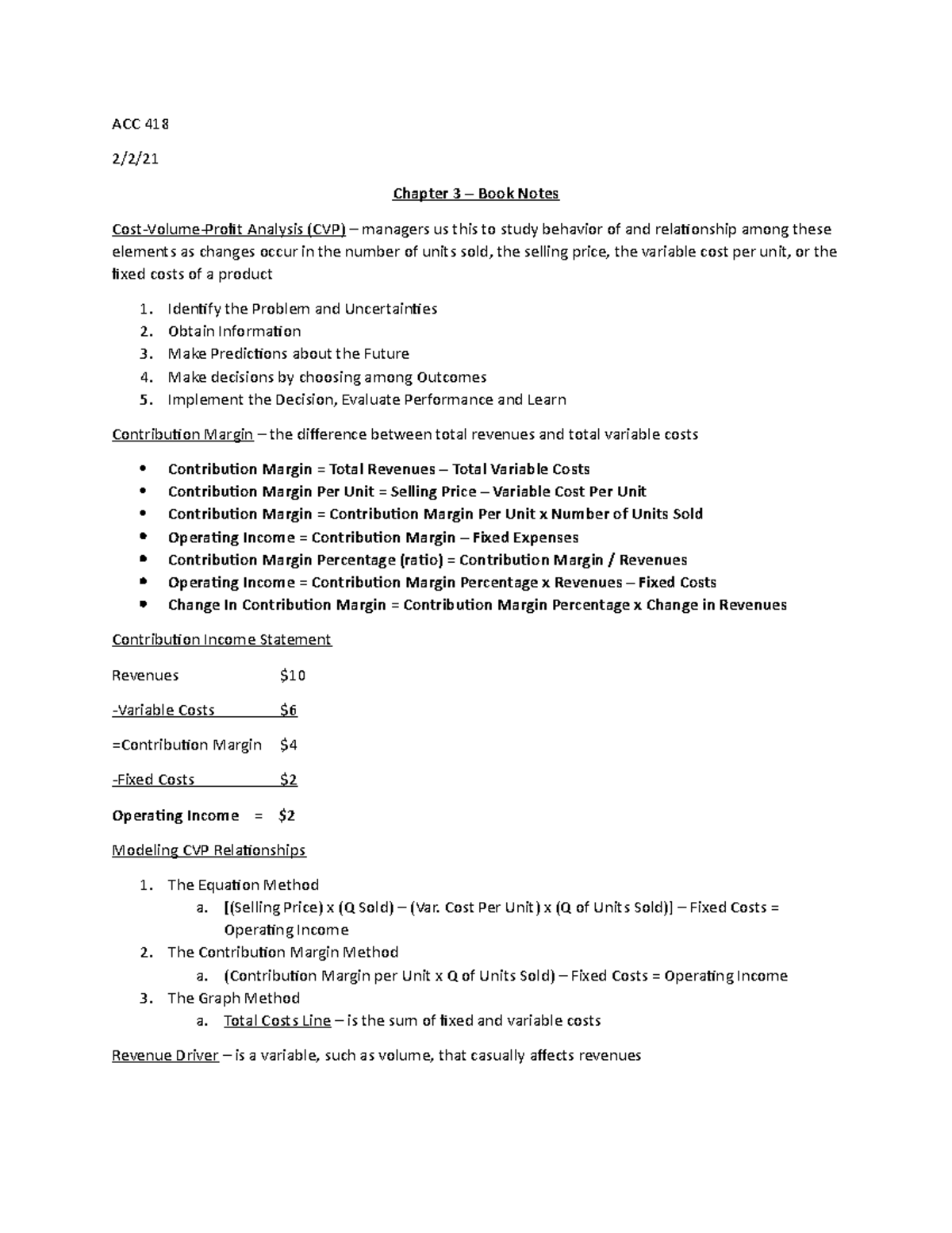 Chapter 3 - Book Notes - ACC 418 2/2/ Chapter 3 – Book Notes Cost ...