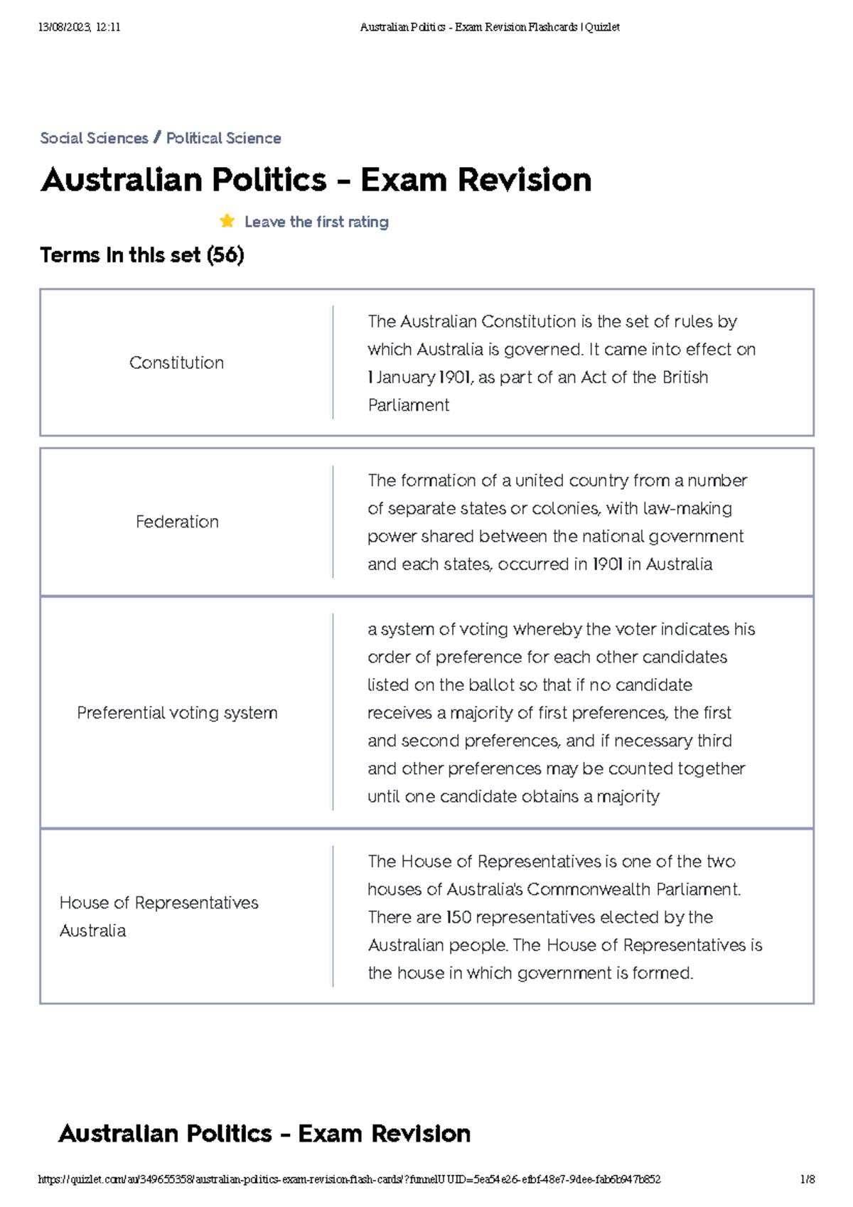 Australian Politics - Exam Revision Flashcards Quizlet - Australian ...