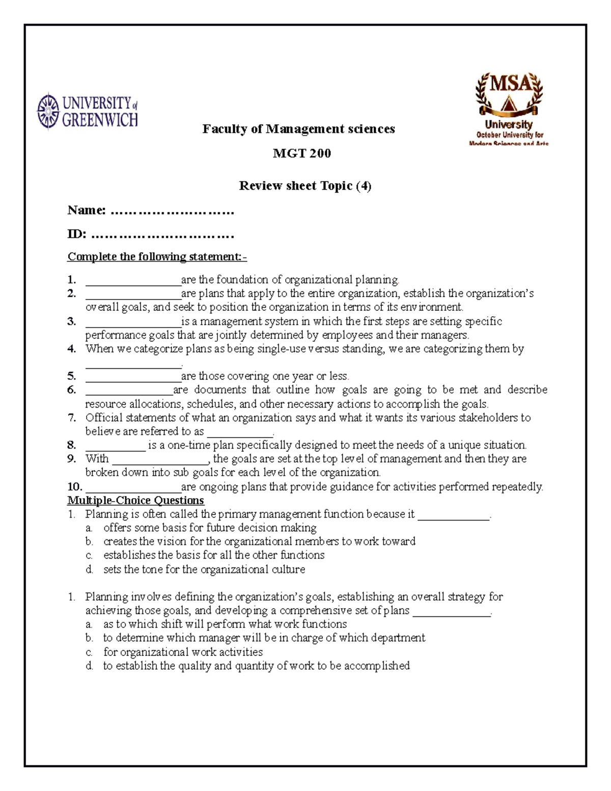 Review Sheet Topic {4} - Faculty of Management sciences MGT 200 Review ...