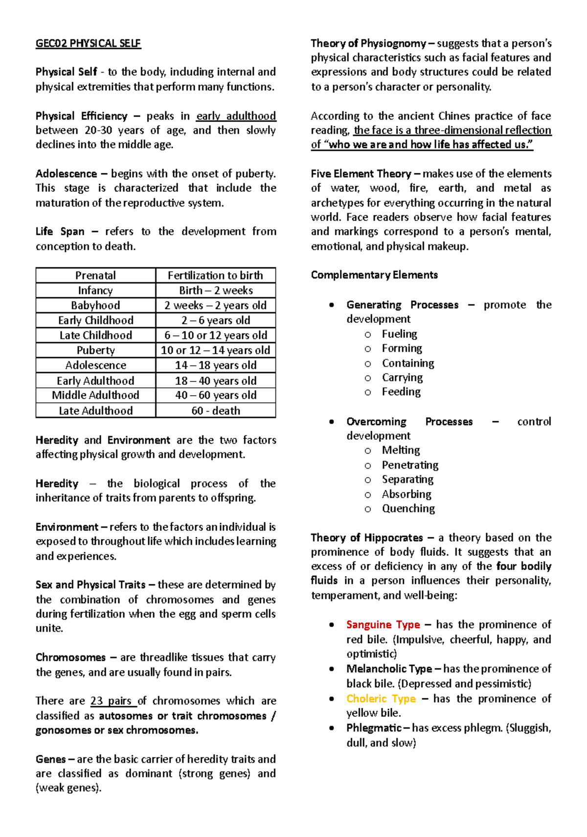 GEC02- Midterm- Reviewer - GEC02 PHYSICAL SELF Physical Self - to the body, including internal ...