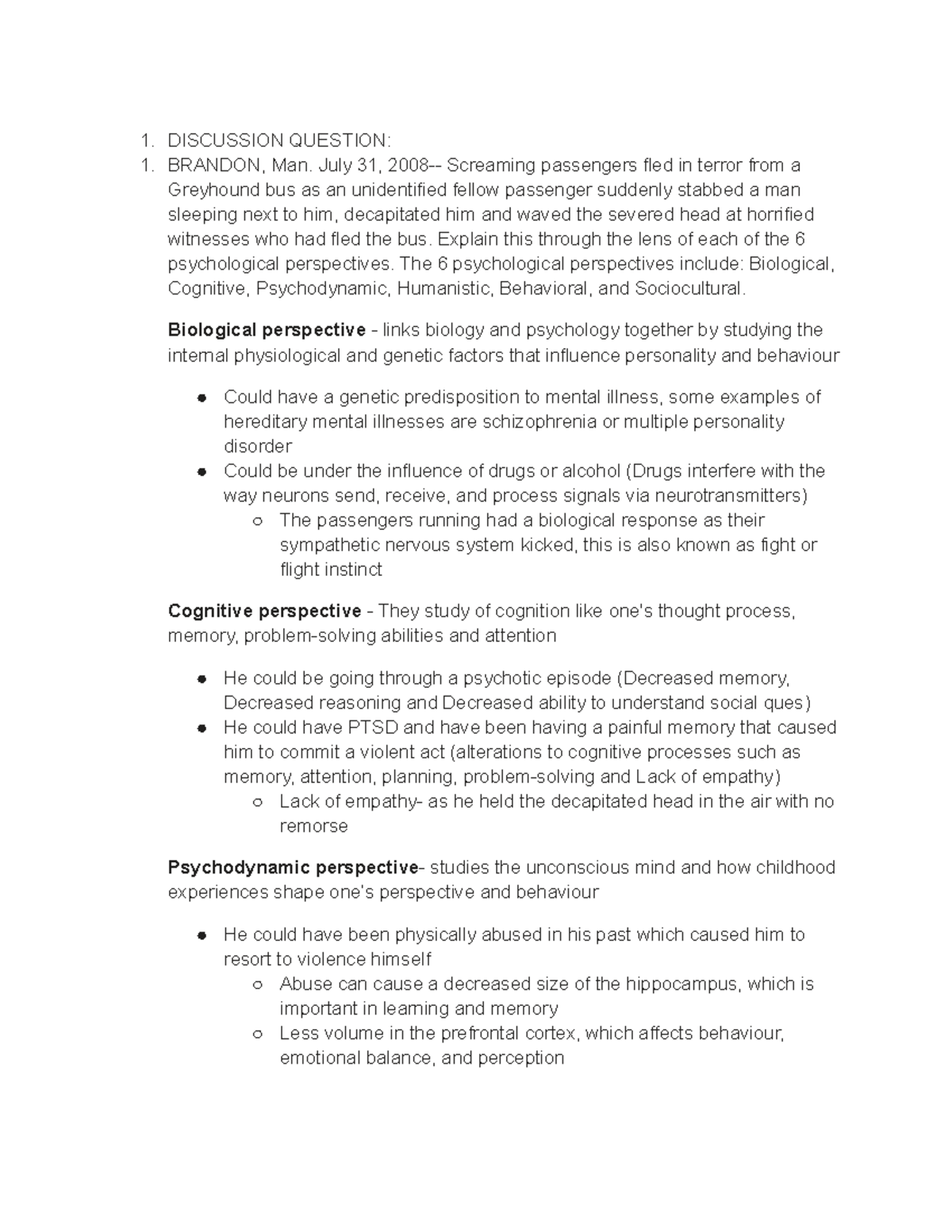 Psyc tut questions week 1-9 - 1. DISCUSSION QUESTION: BRANDON, Man. July 31, 2008- Screaming ...