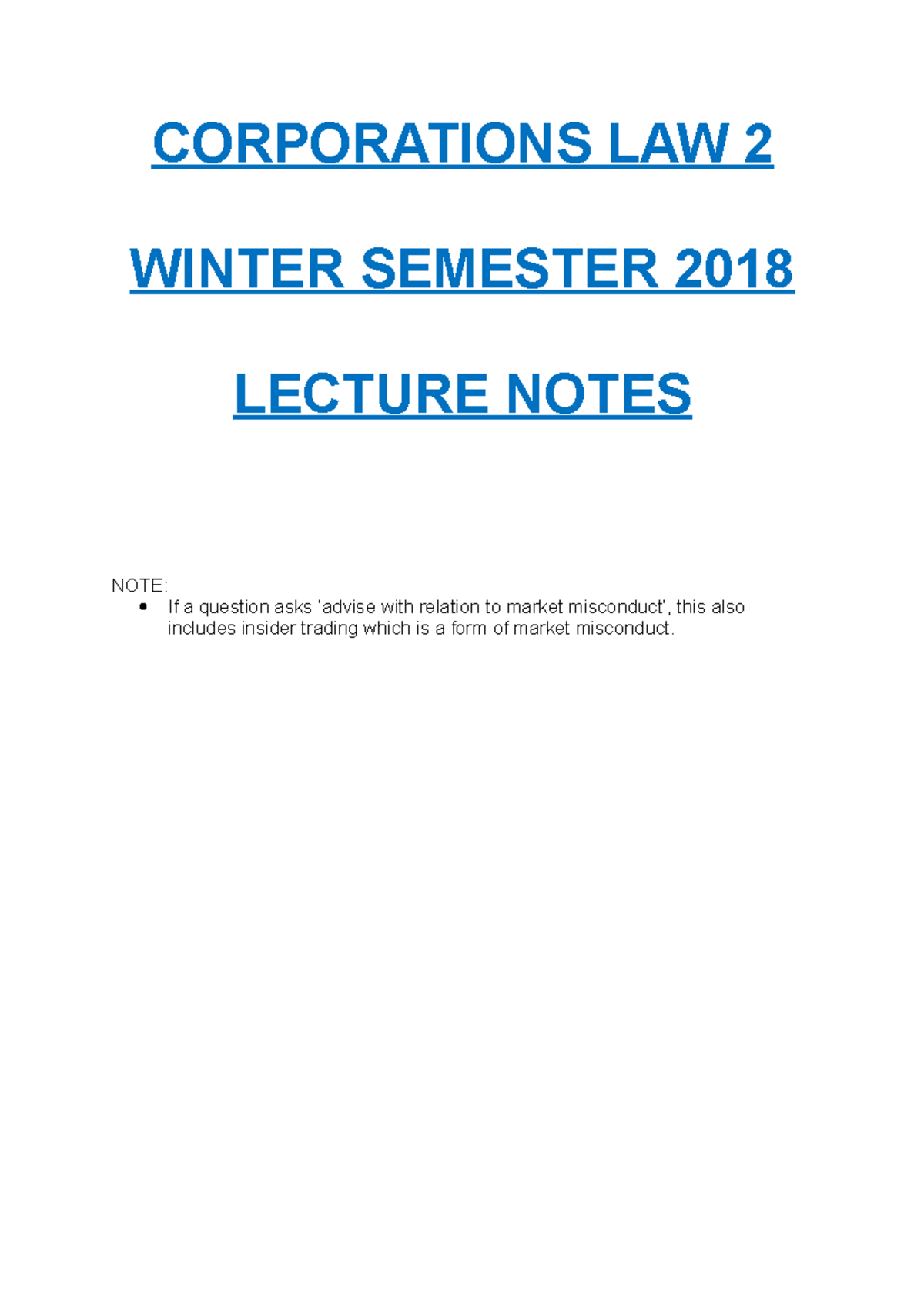 Corporations LAW 2 Lecture Notes - CORPORATIONS LAW 2 WINTER SEMESTER ...