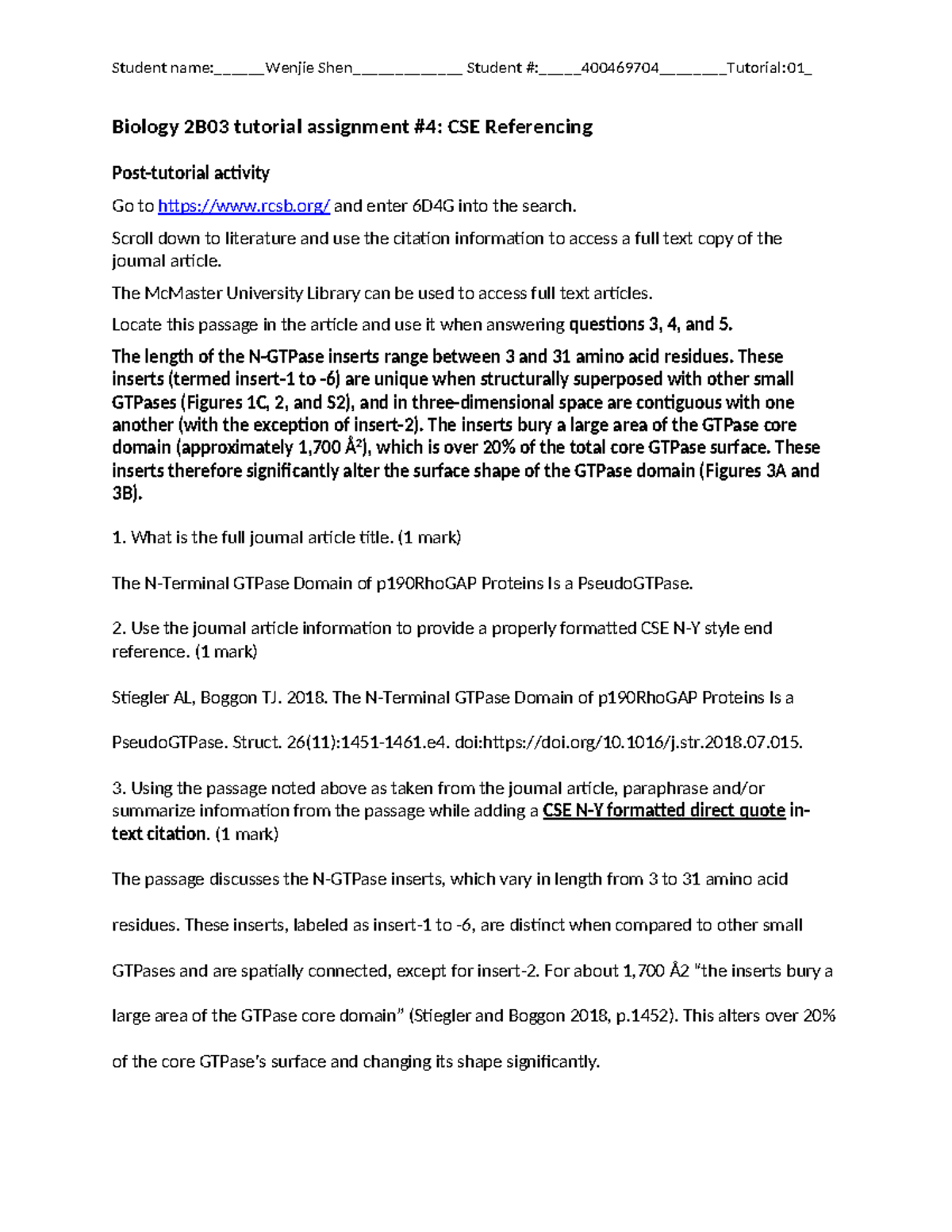 F23 Bio 2B03 Assignment 4 - CSE referencing - Student name:Wenjie Shen_______ Student - Studocu