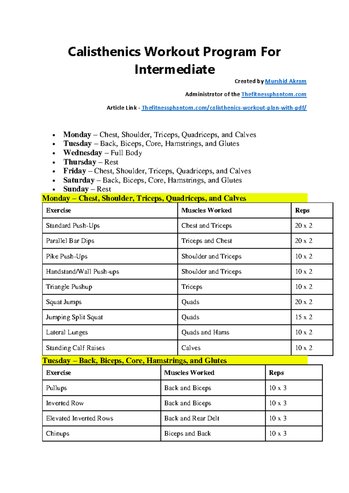 Calisthenics Workout Plan Intermediate PDF - Calisthenics Workout ...