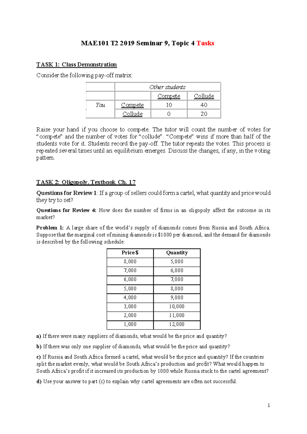 MAE101 T2 2019 Seminar 9 Tasks - 1 MAE101 T2 2019 Seminar 9, Topic 4 Tasks TASK 1: Class - Studocu