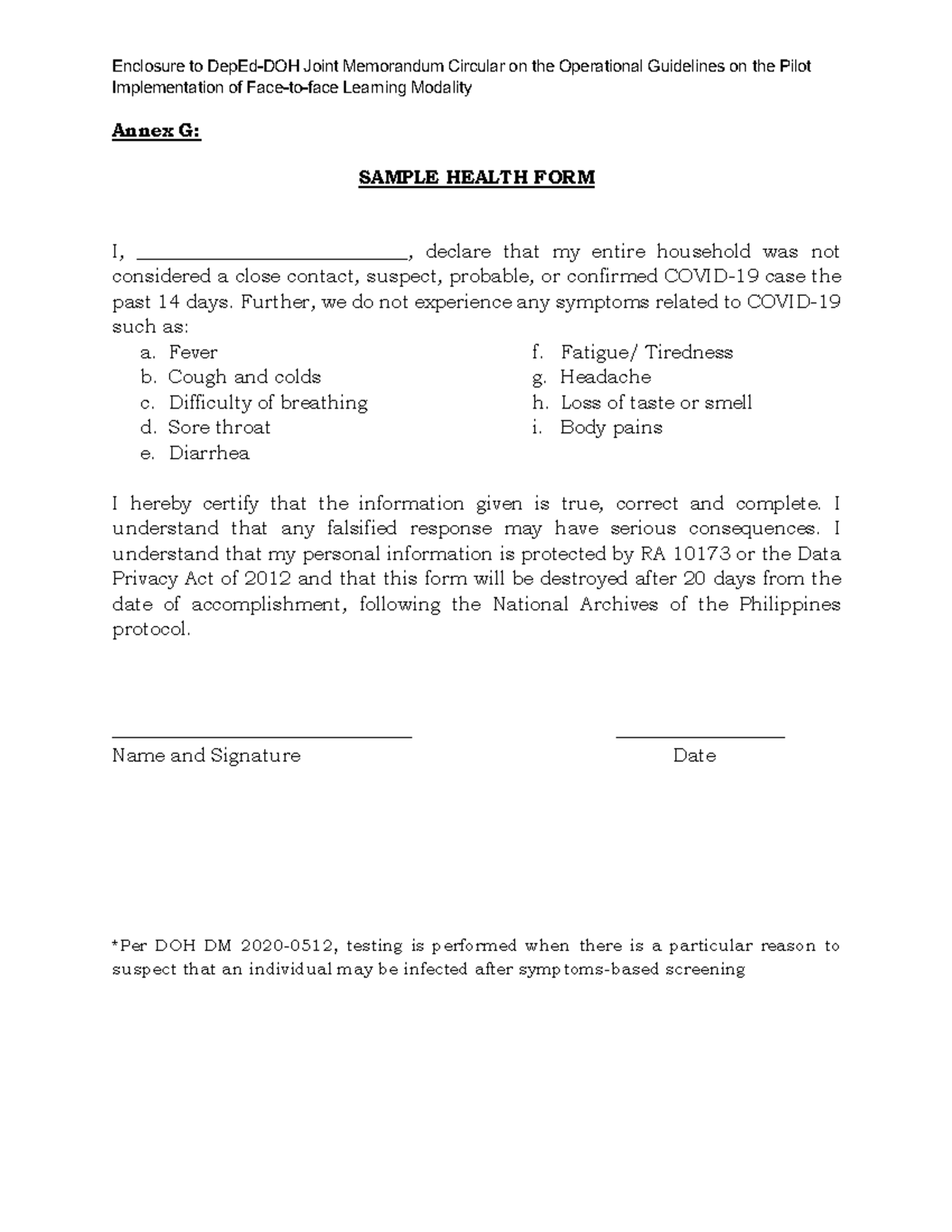 Annex-G -Sample-Health-Form - Enclosure to DepEd-DOH Joint Memorandum ...