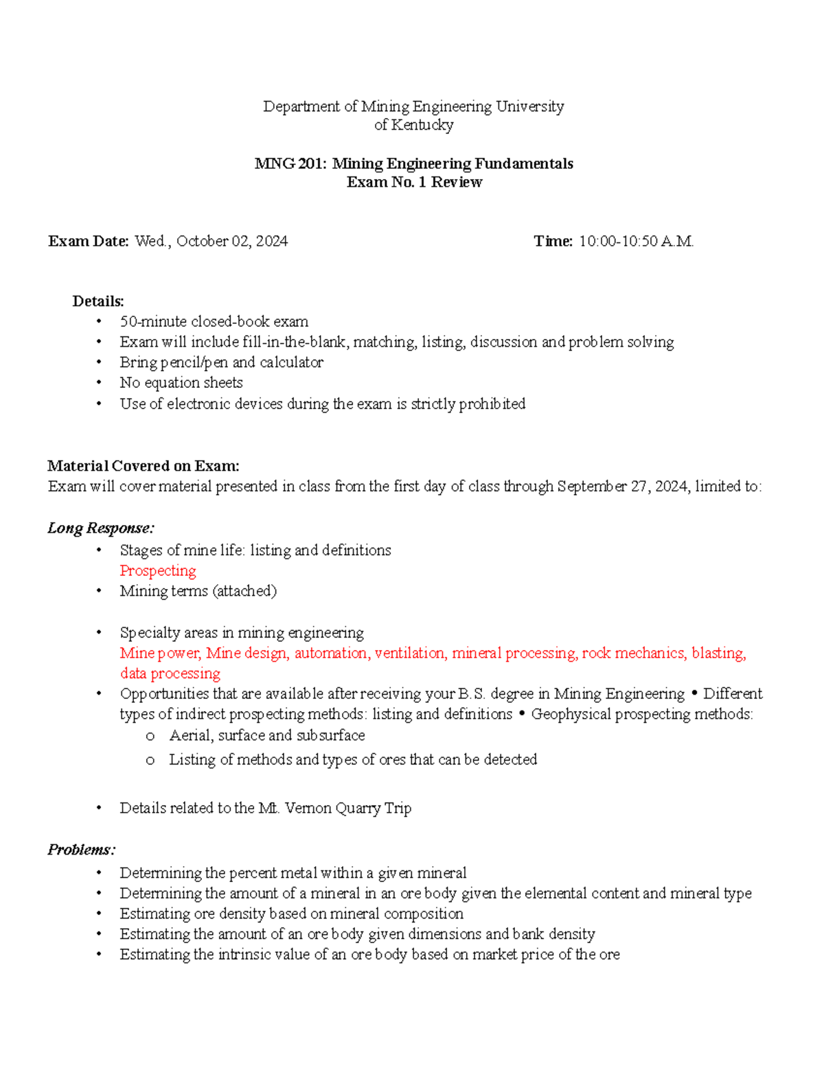 MNG 201 Exam 1 Review 2024 - Department of Mining Engineering ...