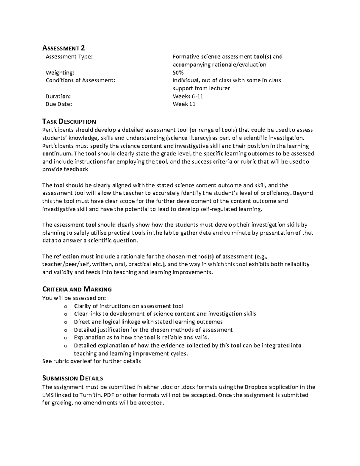 Assignment 2 task description 2 - ASSESSMENT 2 Assessment Type: Formative science assessment ...