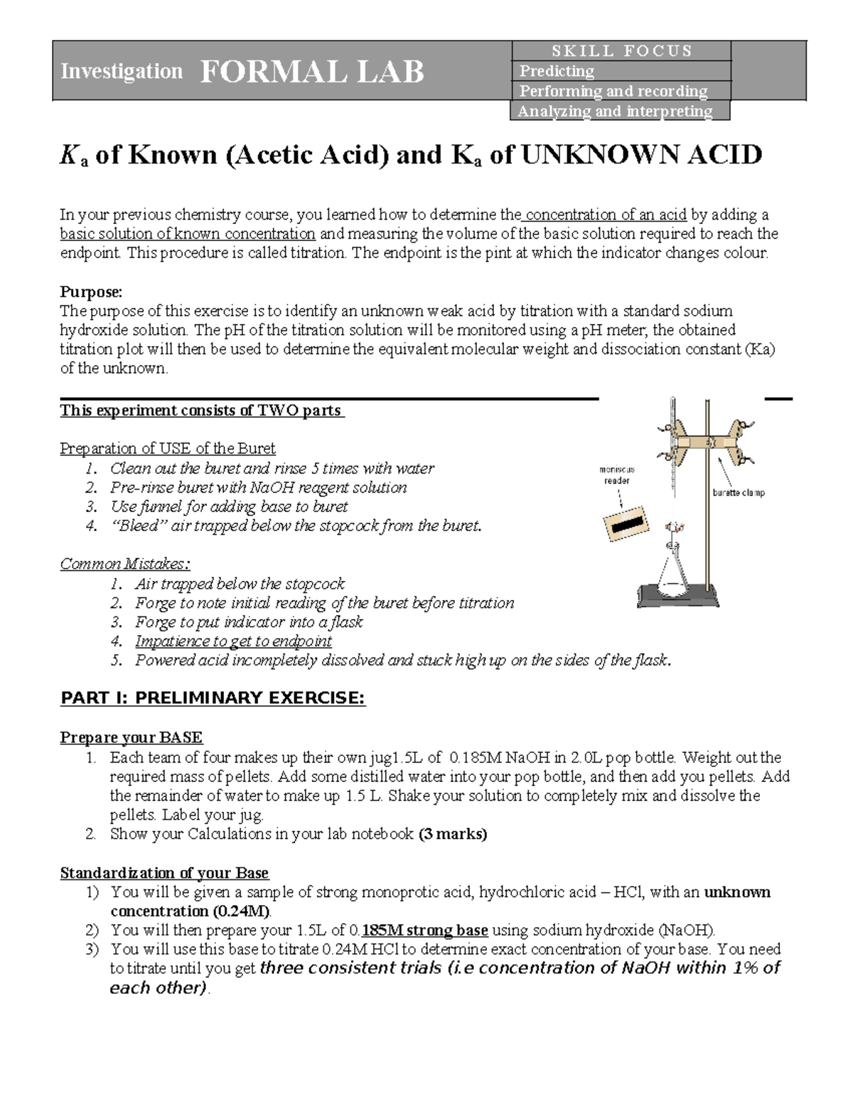 Titration standardize your base and use it to determine ka of unkown ...