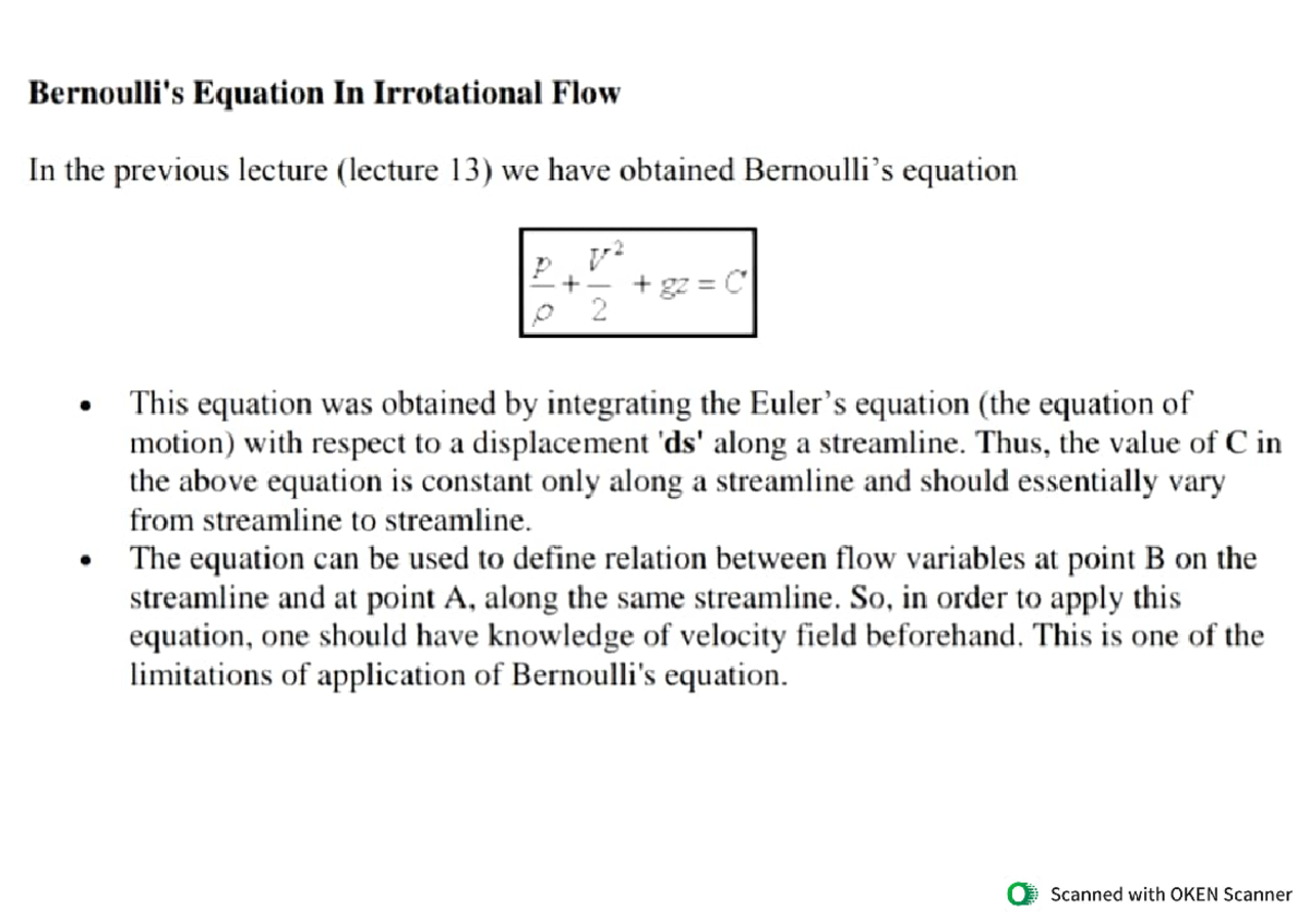 Fluid Mechanics- Bernoulli's Equation in Irrotational Flow, Forced Vortex Flow, Losses - Studocu