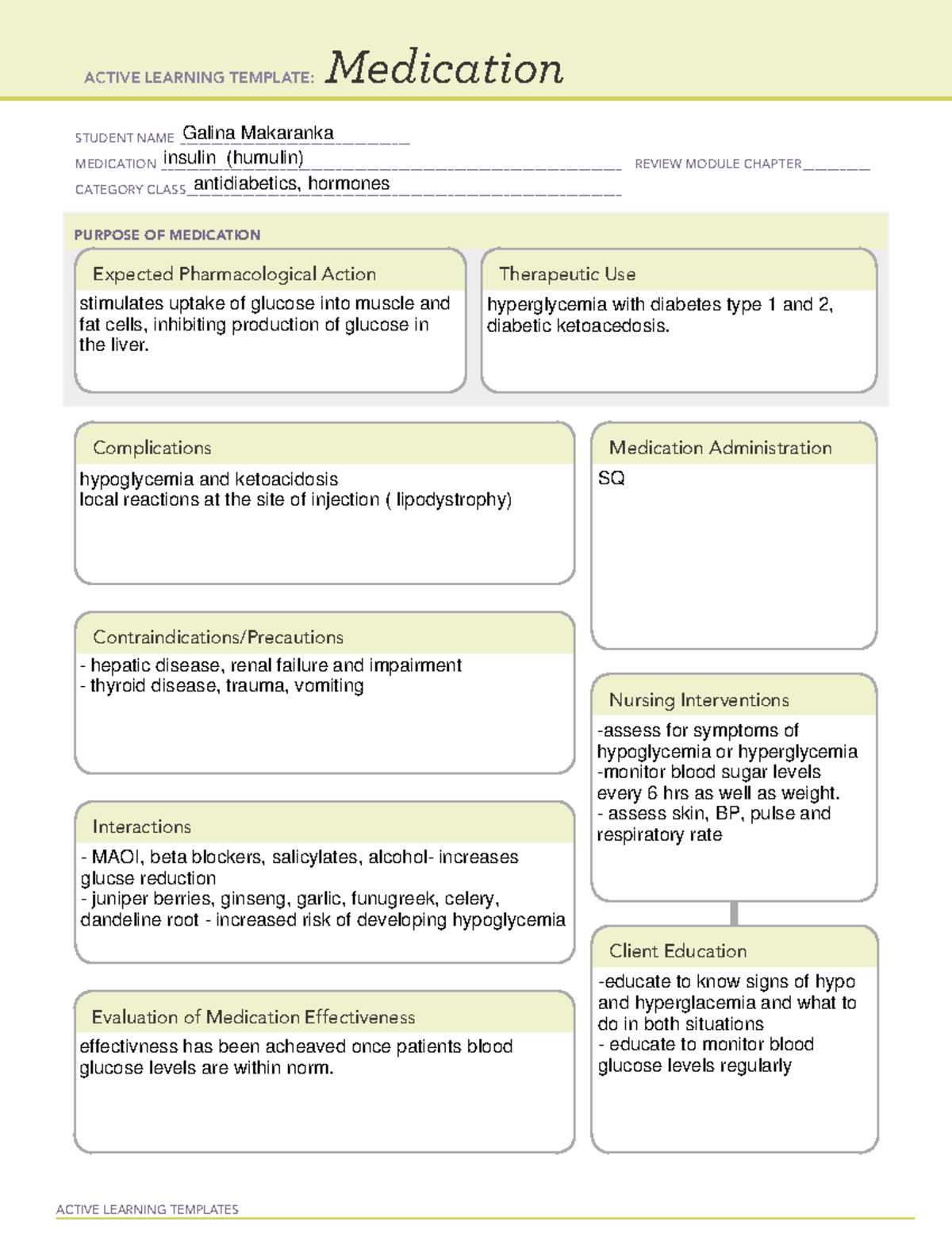 Insulin (humulin) - weekly clinical meds - ACTIVE LEARNING TEMPLATES ...