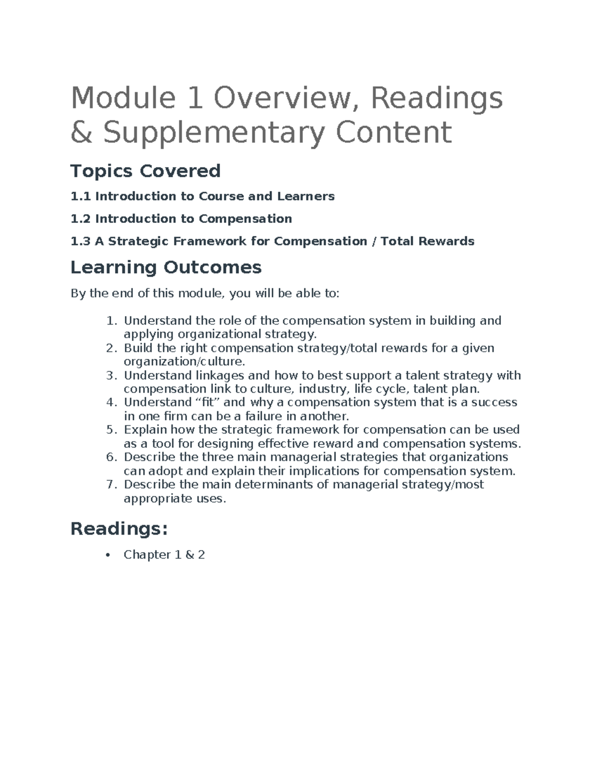Compensation - Module 1 Overview - Module 1 Overview, Readings ...