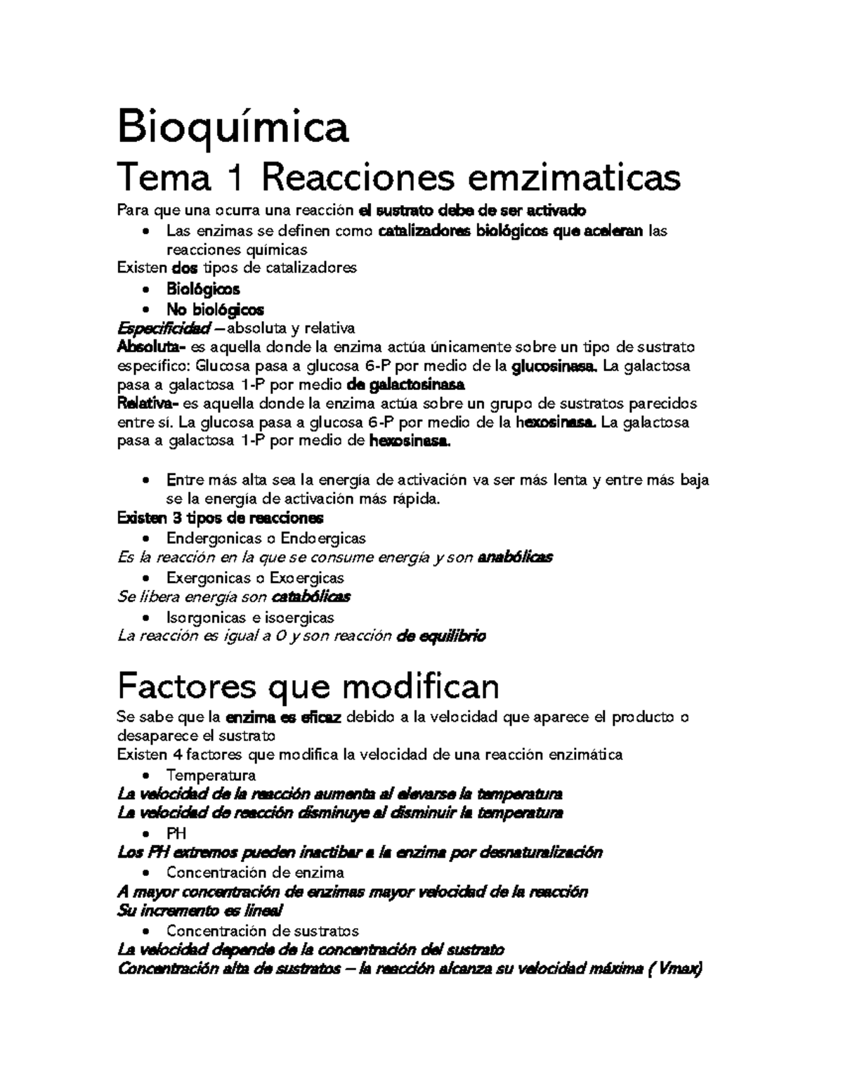 Bioquímica - 2do parcial - Bioquímica Tema 1 Reacciones emzimaticas ...