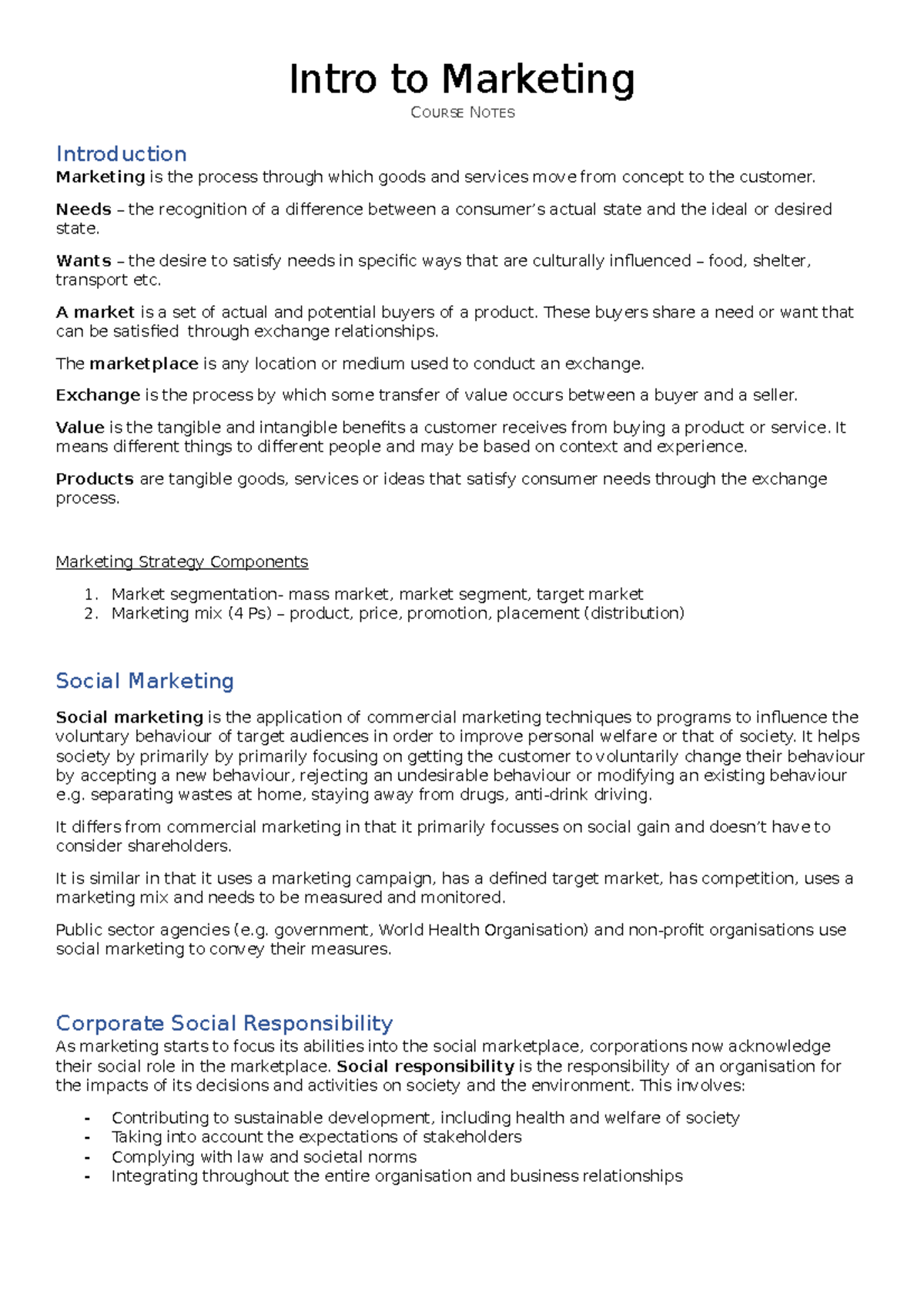 Intro to Marketing - Lecture notes 1-6 - Intro to Marketing COURSE ...