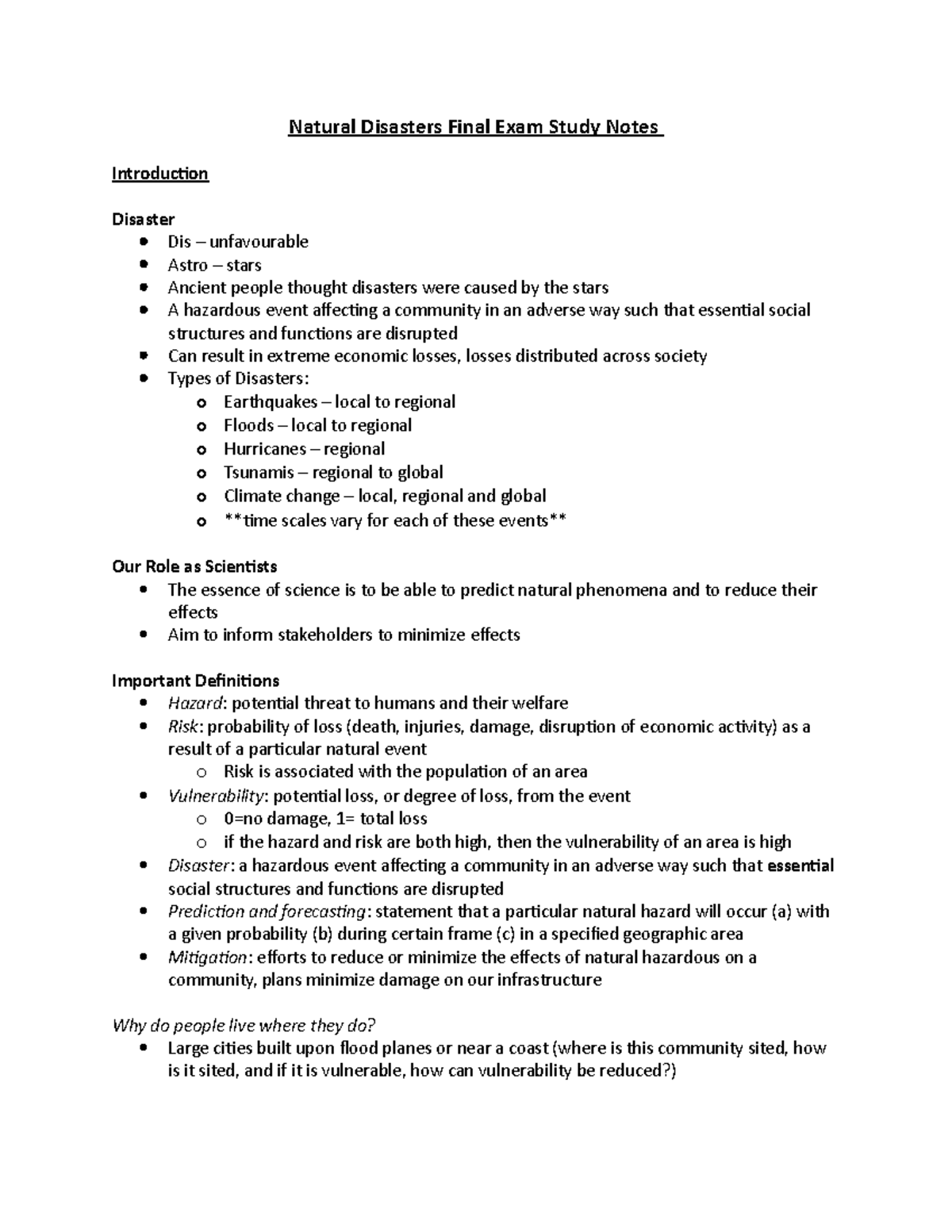 Final Exam Notes - Natural Disasters Final Exam Study Notes ...