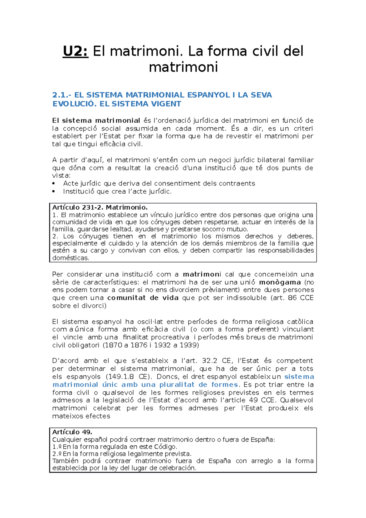 U2 - Apunts tema 2 - U2: El matrimoni. La forma civil del matrimoni 2 ...