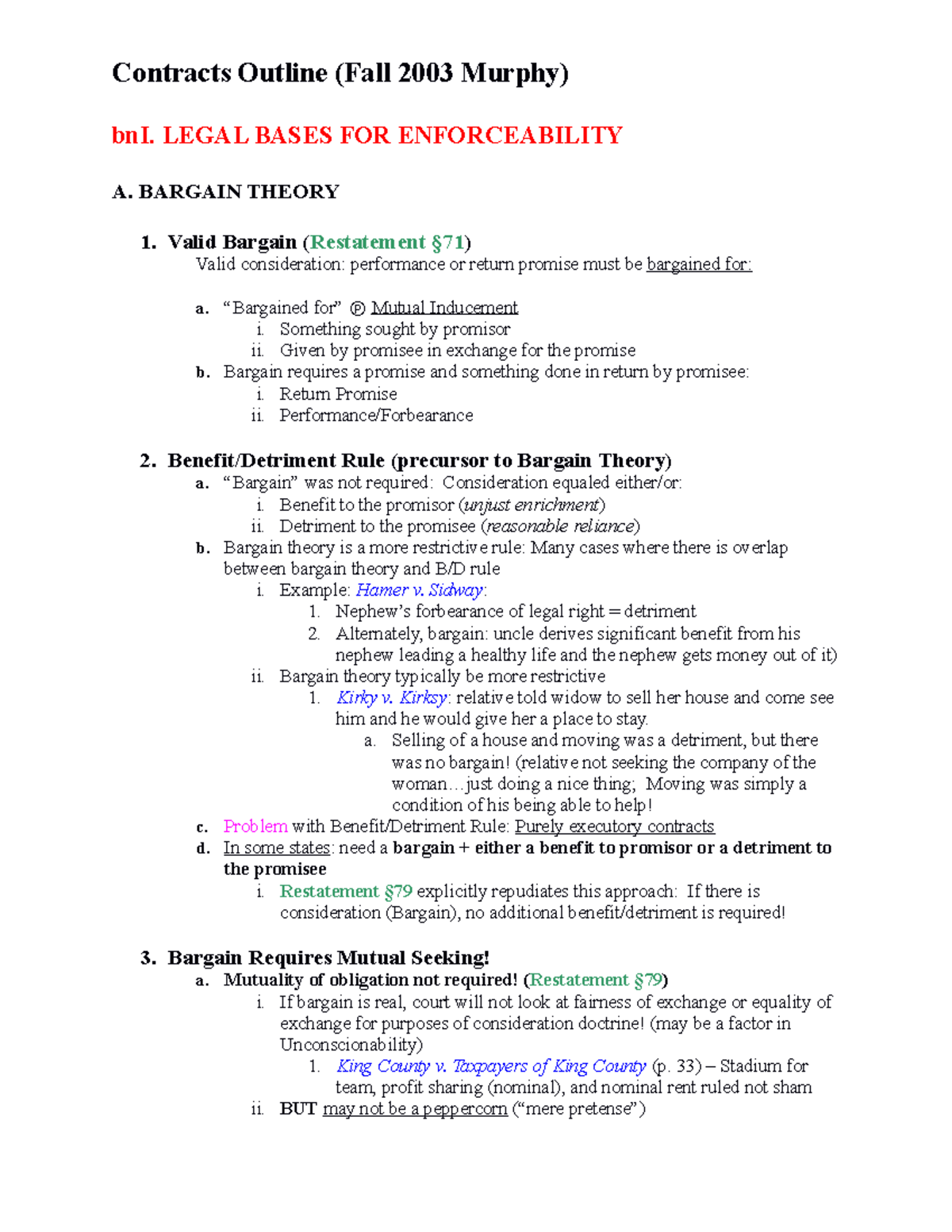 Murphy f03 - useful material - Contracts Outline (Fall 2003 Murphy) bnI ...