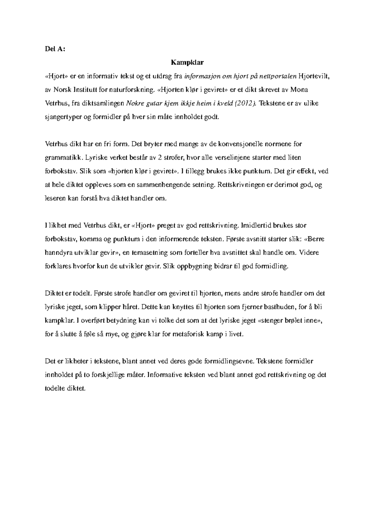 Høst 2019 kortsvar - oppgave til eksamen vis - Del A: Kampklar «Hjort ...
