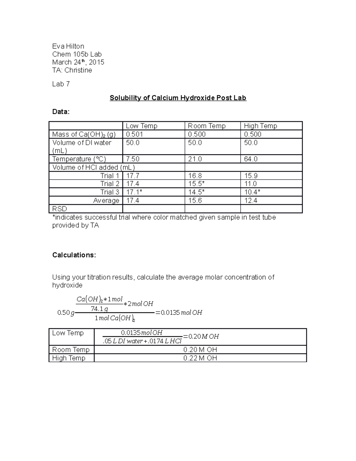 Lab 7 chem 105b solubility of calcium hydroxide - Eva Hilton Chem 105b ...