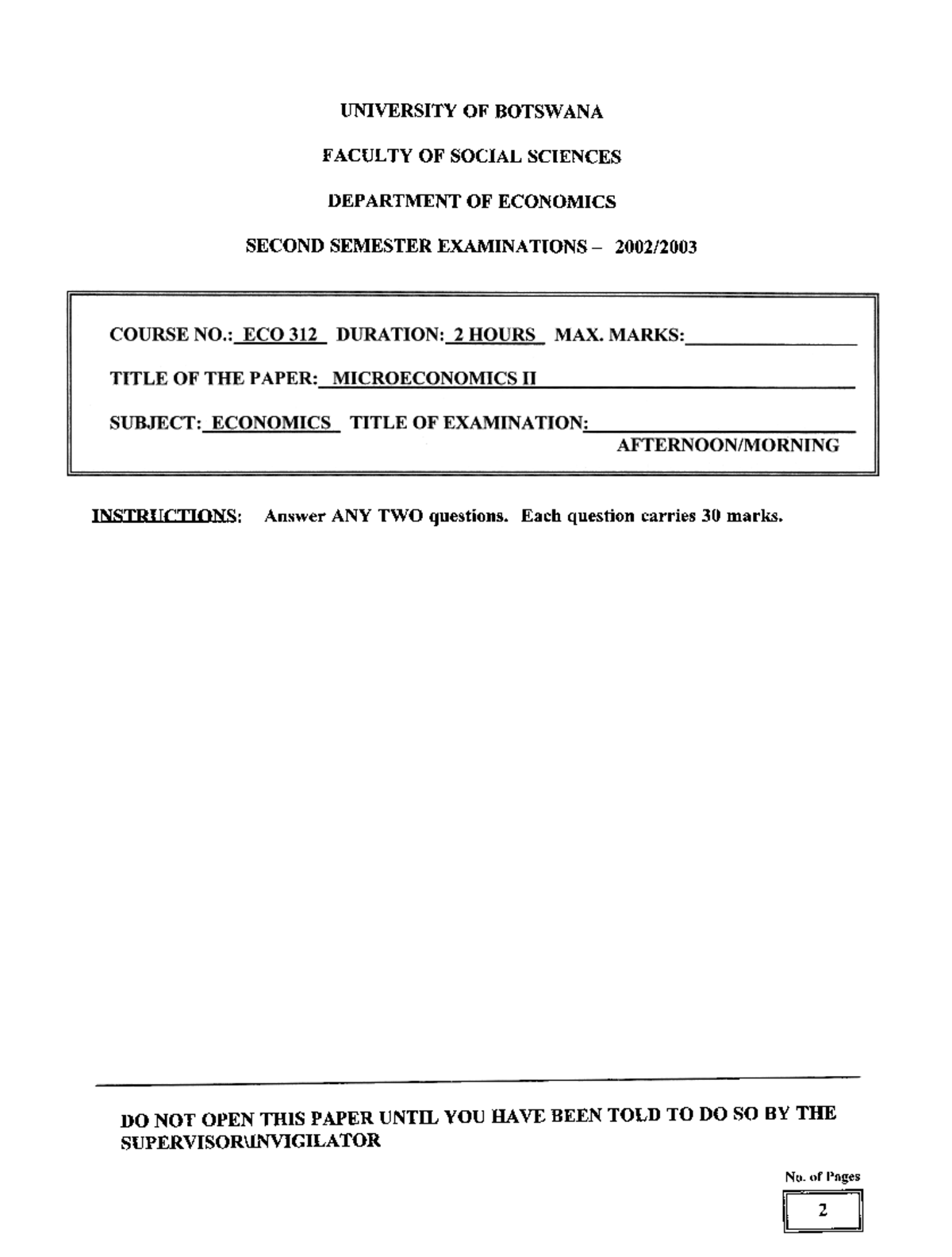 2003 - Exam paper - UNIVERSITY OF BOTSWANA FACULTY OF SOCIAL SCIENCES ...