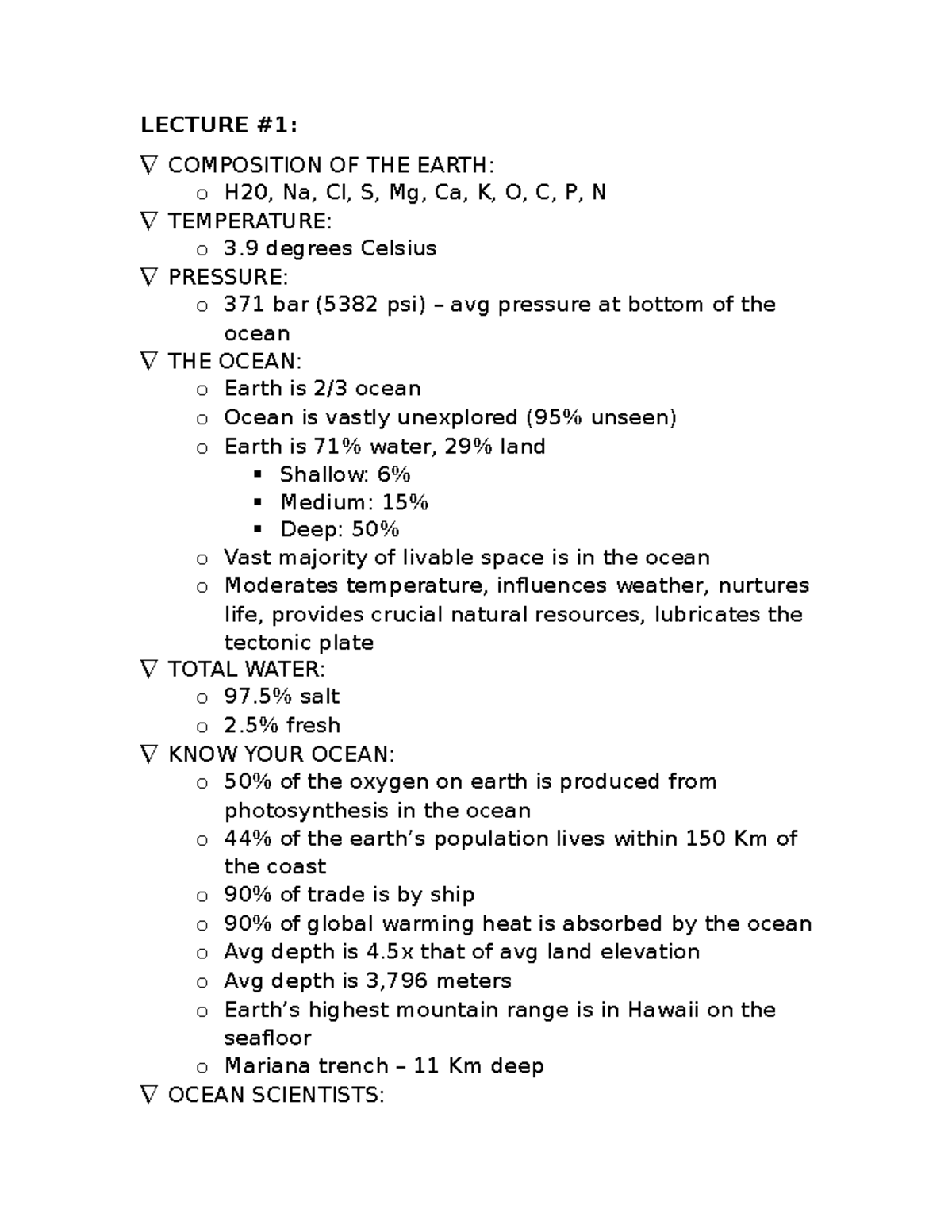 Oceanography lecture 1 - LECTURE #1: COMPOSITION OF THE EARTH: o H20 ...