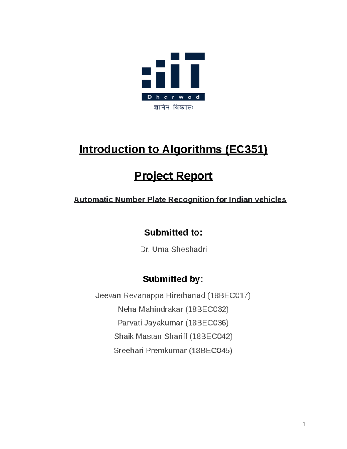 Project Report - Introduction to Algorithms (EC351) Project Report Automatic Number Plate - Studocu