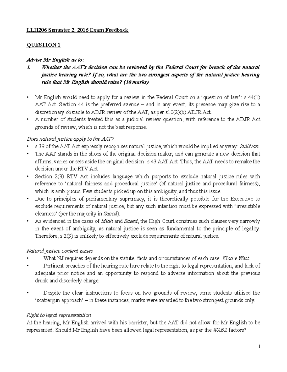 Exam 14 November 2016, questions and answers - LLH206 Semester 2, 2016 ...