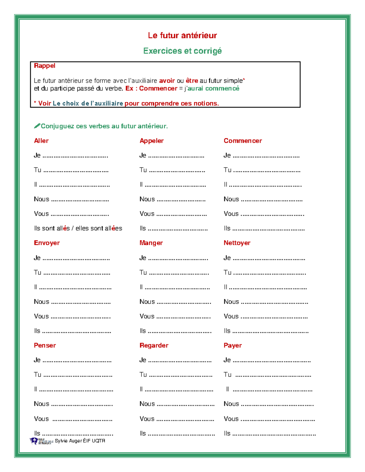 Le futur antérieur Exercices et corrigé - Le futur antérieur Exercices ...